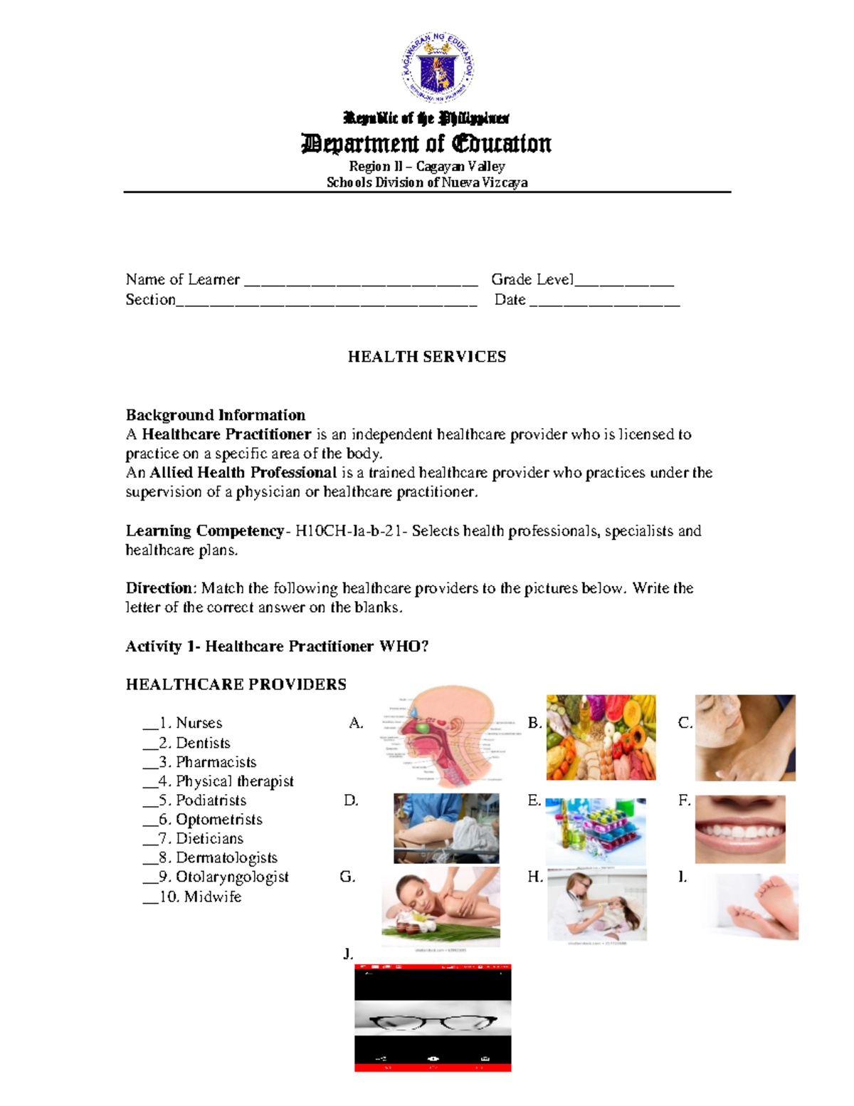 Learning Ativity- Health Services- Salinas High School - Department of ...