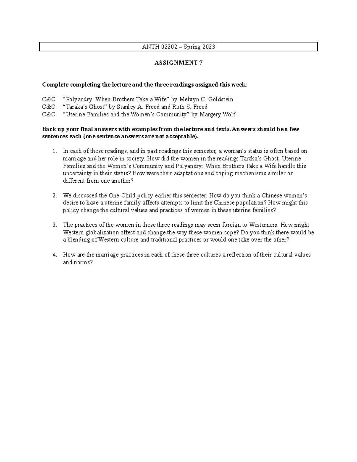 Assignment 7 Question Prompts - ANTH 02202 – Spring 2023 ASSIGNMENT 7 Complete completing the ...