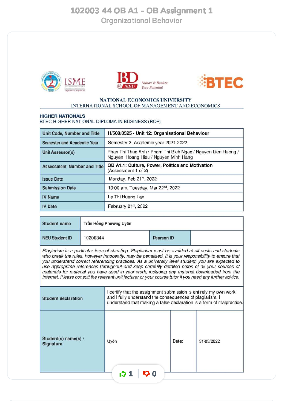 Dlstudocu - Organisational behaviour - 102003 44 OB A1 - OB Assignment ...