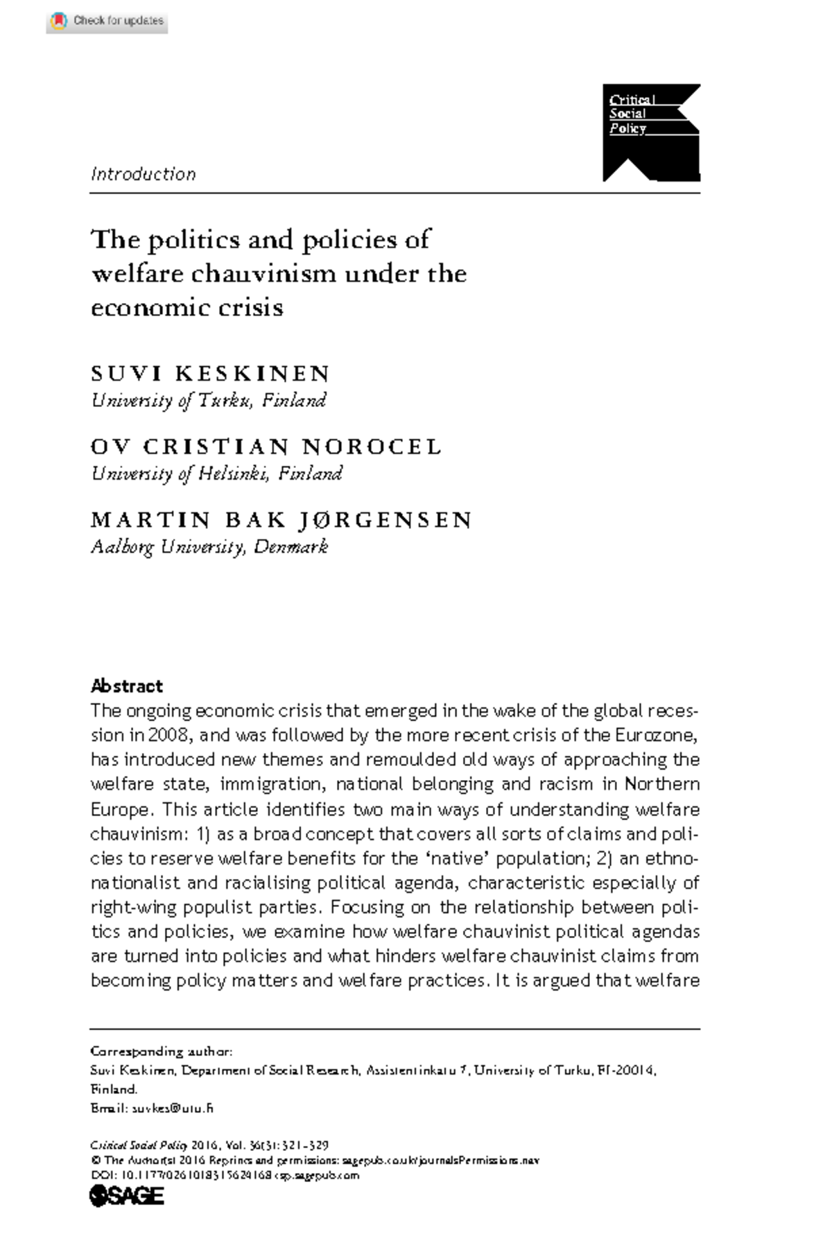 Wk10 Keskinene 2016 - readings - Critical Social Policy 2016, Vol. 36(3 ...