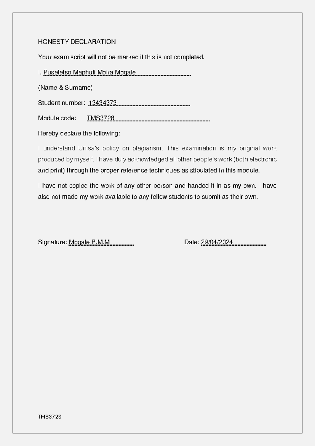 TMS3728 ASSIGNMENT 2 COGNITIVE STAGES - HONESTY DECLARATION Your exam ...