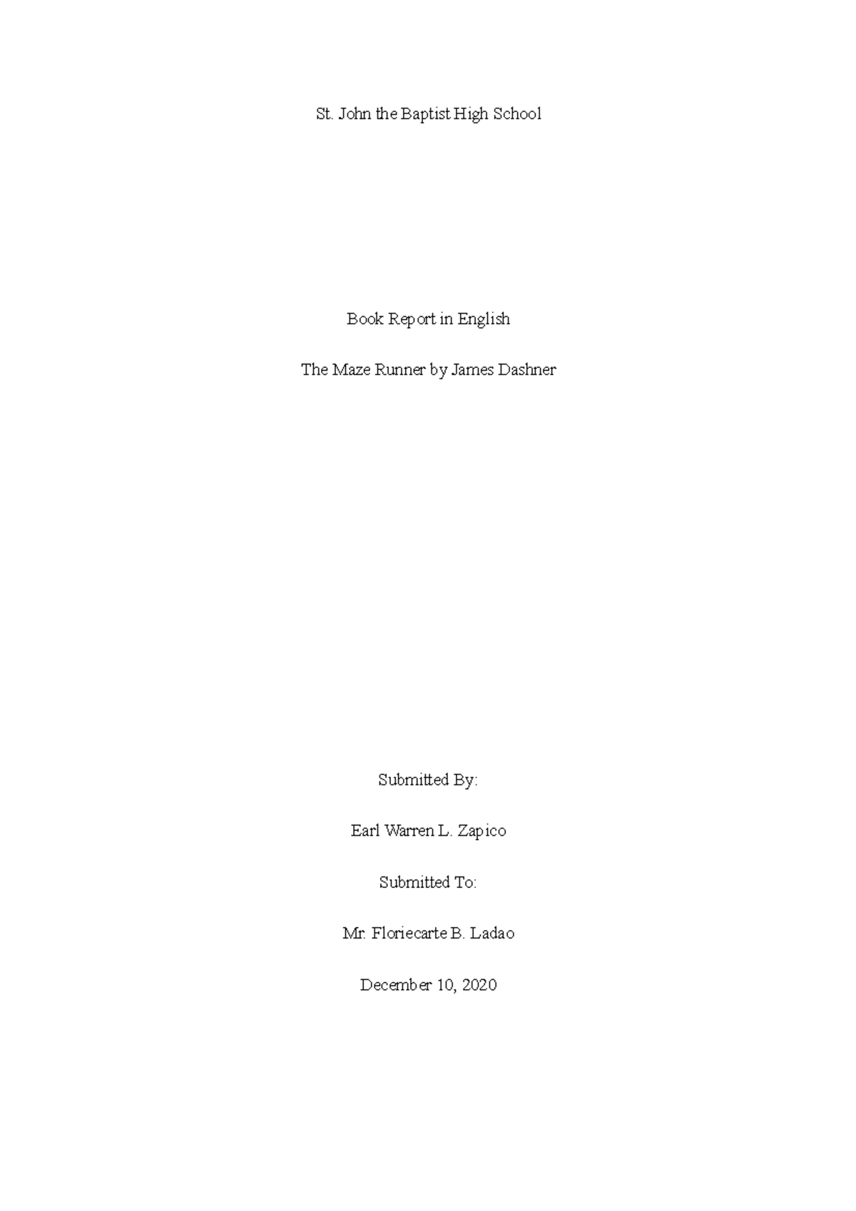 Book report - St. John the Baptist High School Book Report in English ...