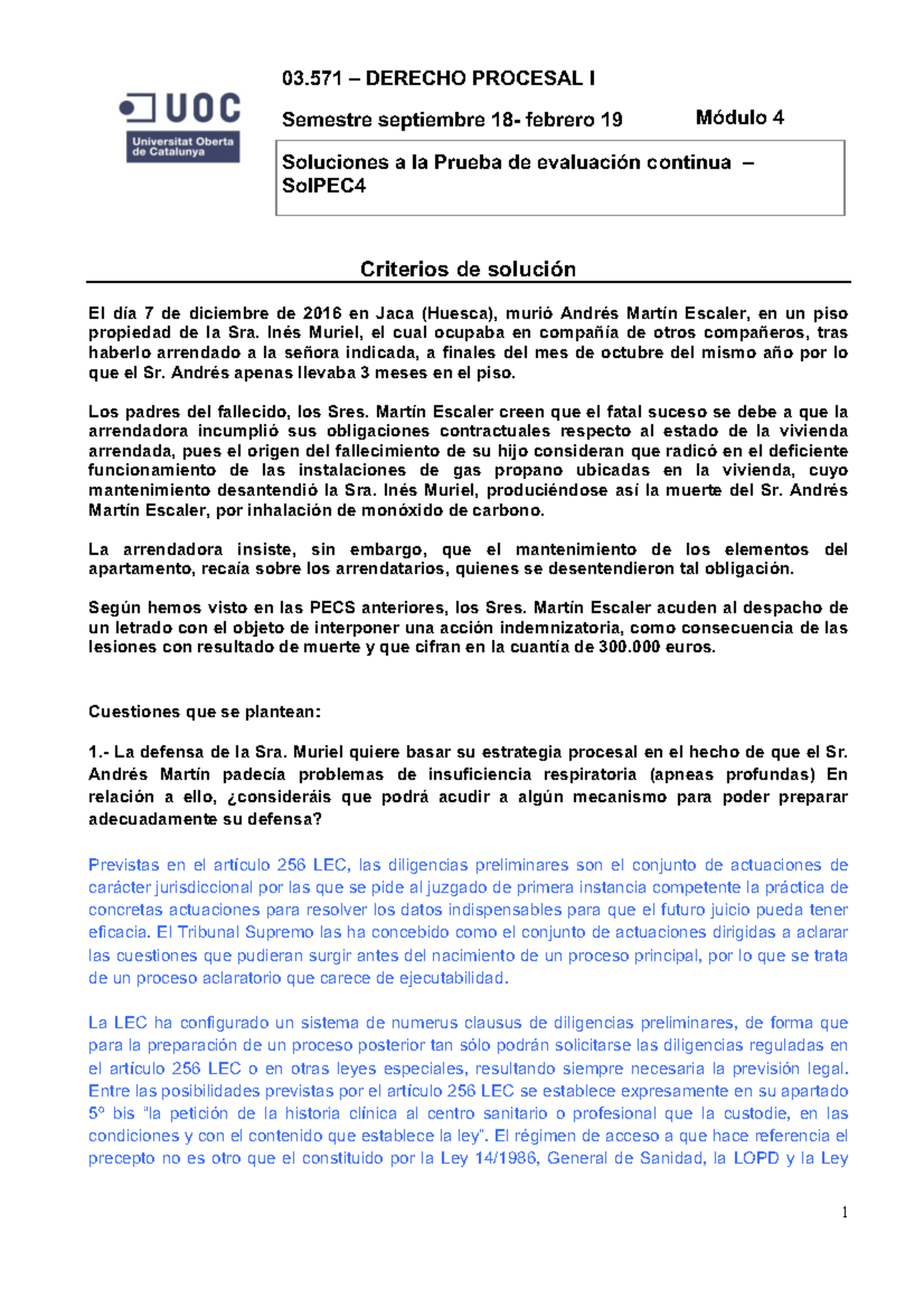 03571 Sol PEC 4 - SOLPEC de la asignatura Derecho Procesal Civil I de la UOC. - Semestre ...