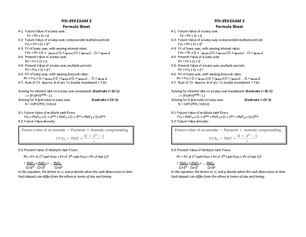 FIN350 Exam 2 student formula sheet half PDF - FIN-350 EXAM 2 Formula ...