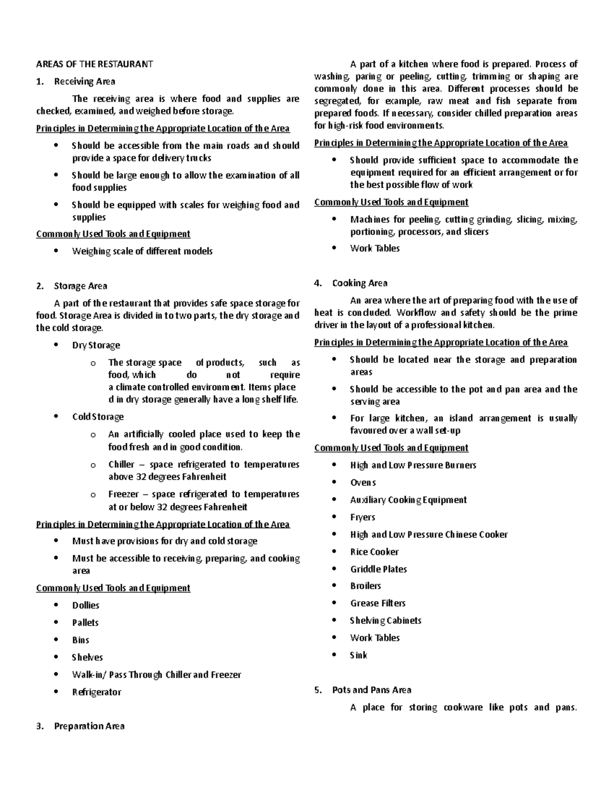 SFBS311-Midterms - hshs - AREAS OF THE RESTAURANT Receiving Area The ...