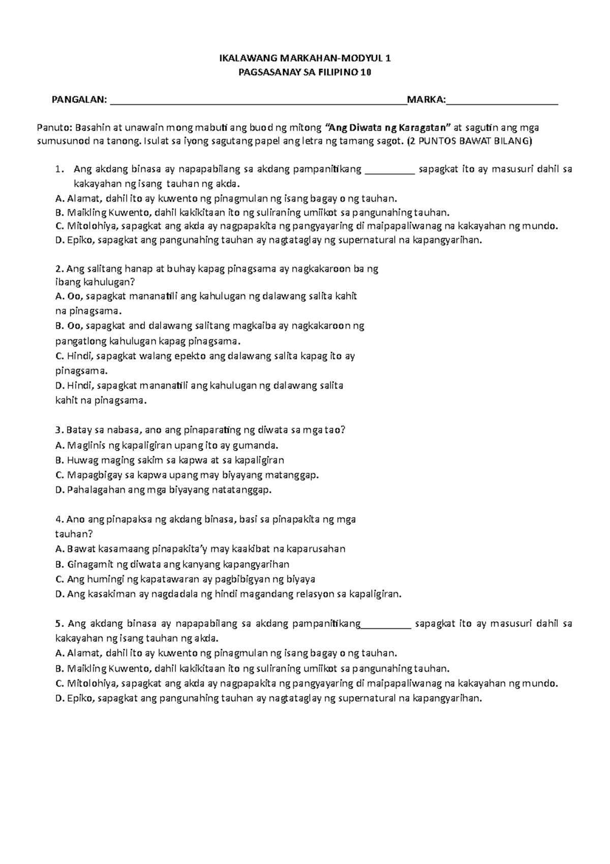 Q2-MOD1 - ssded - IKALAWANG MARKAHAN-MODYUL 1 PAGSASANAY SA FILIPINO 10 ...