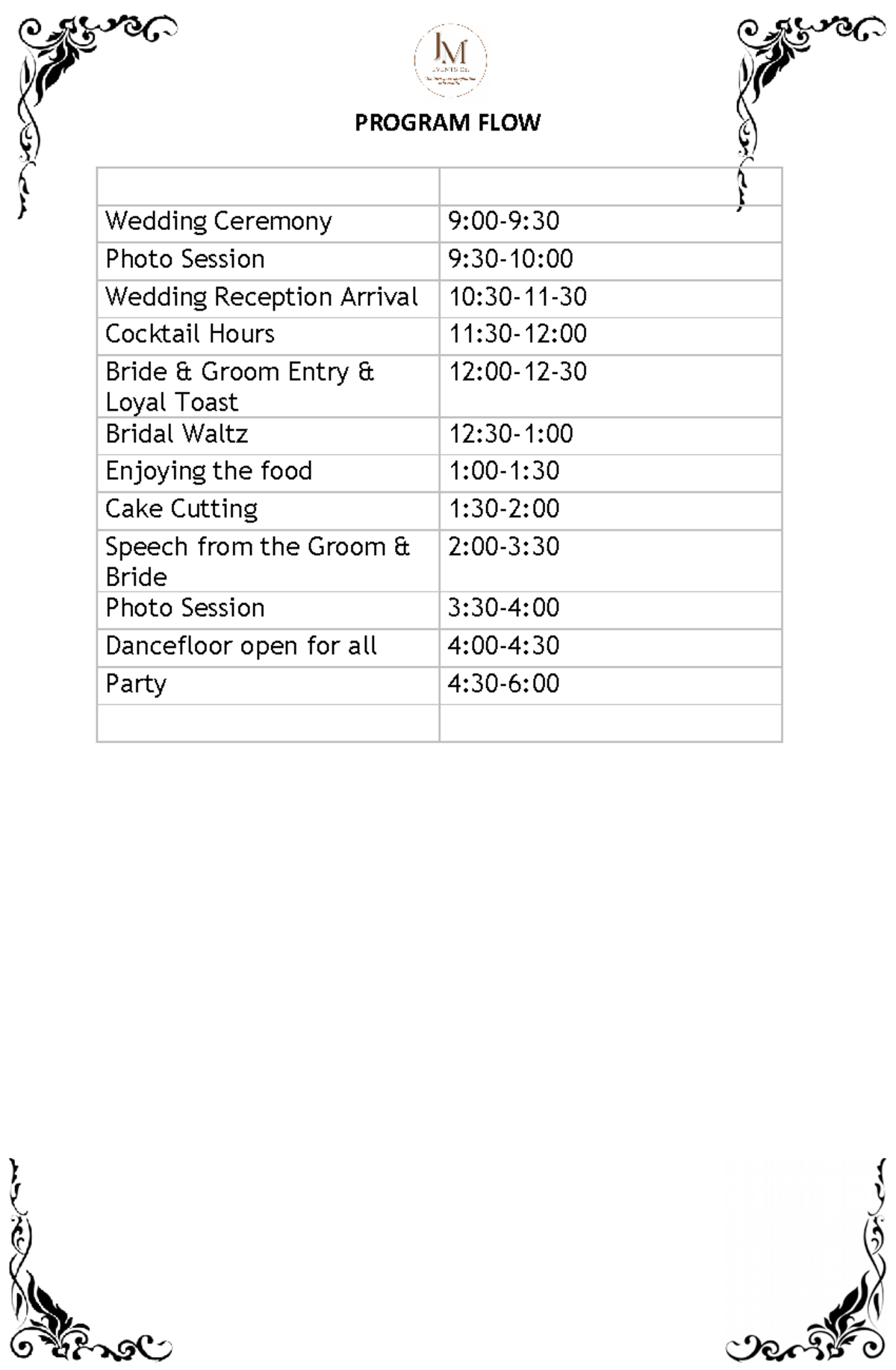 EM Output FOR Assessment - PROGRAM FLOW ACTIVITIES TIME Wedding ...