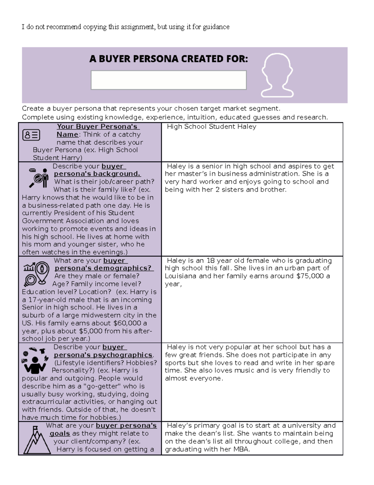 Buyer Persona Worksheet - I do not recommend copying this assignment ...
