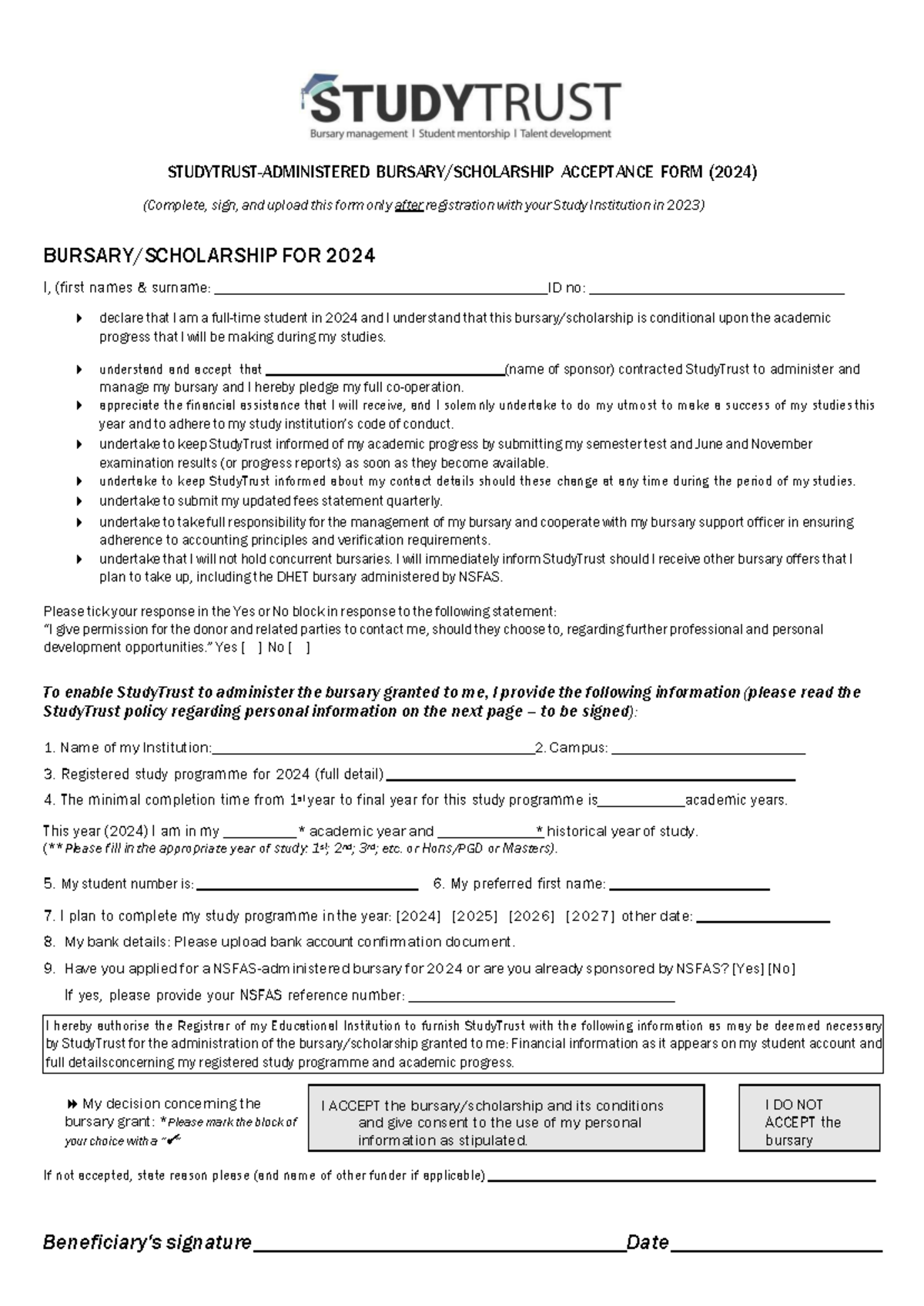 2024 Study Trust bursary acceptance form 2024 - STUDYTRUST-ADMINISTERED ...