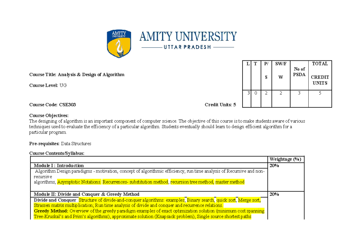 New Syllabus 072dc8c2-e7bc-45a0-bd24-76b60e9894f6 - Course Title: Analysis & Design of Algorithm ...