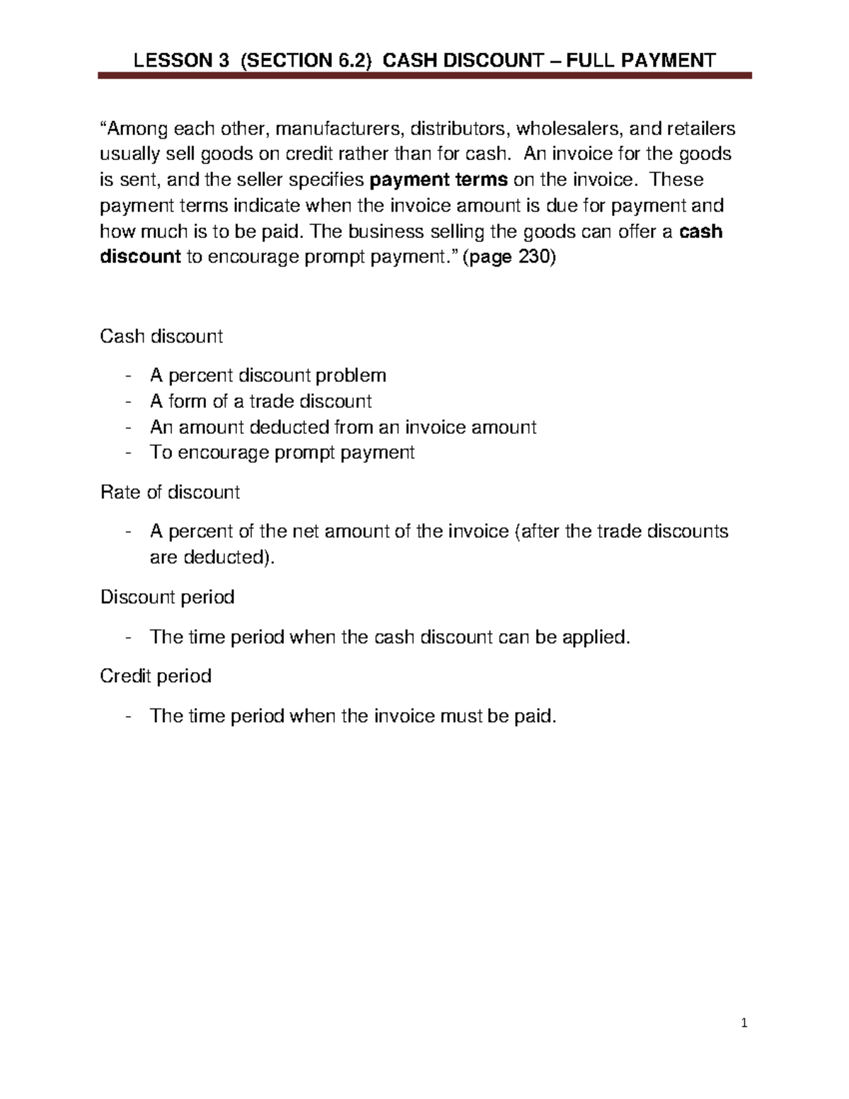 Lesson 3 6.2 CASH Discount-FULL Payment fall 2021 - “Among each other ...