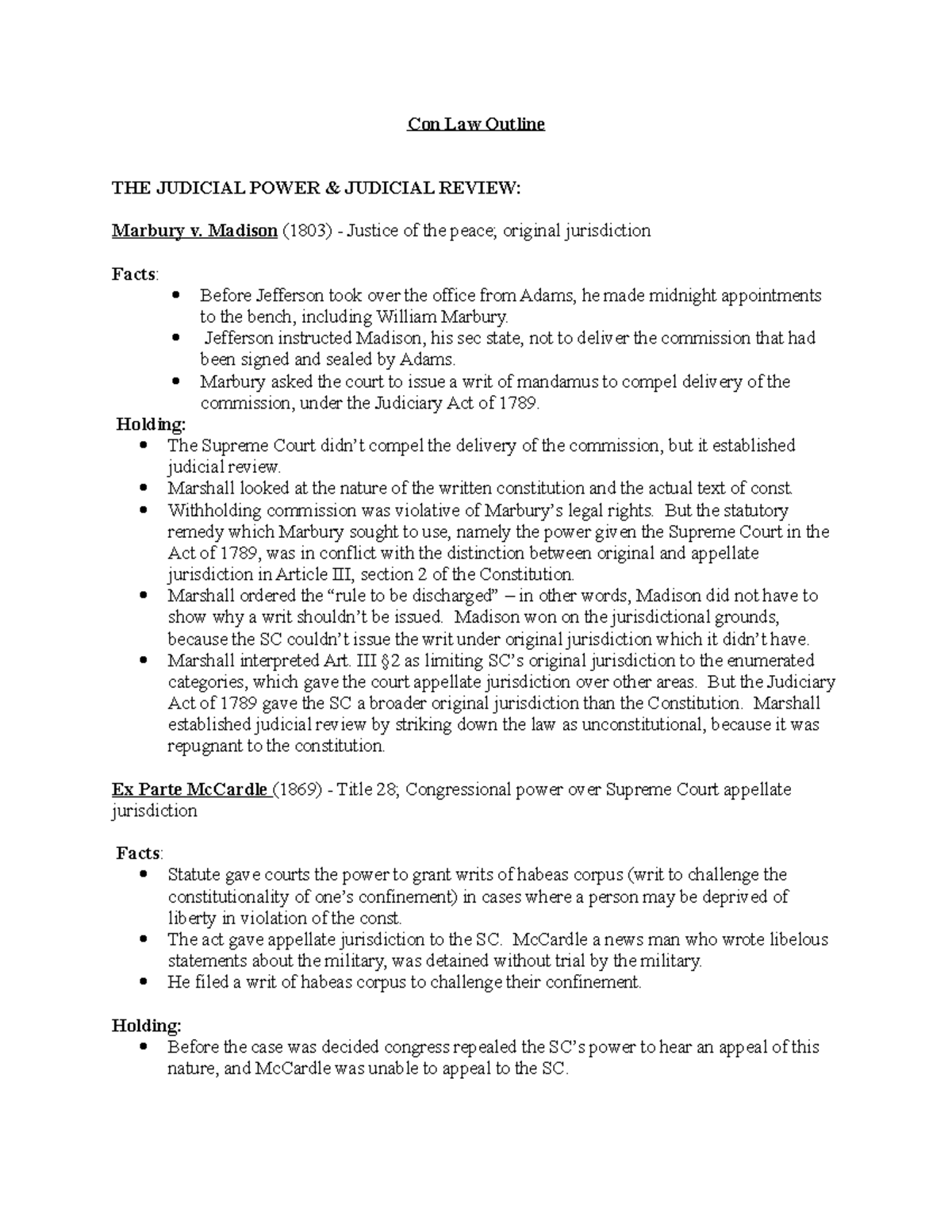 Constitutional Law Outline - 3 - Con Law Outline THE JUDICIAL POWER ...