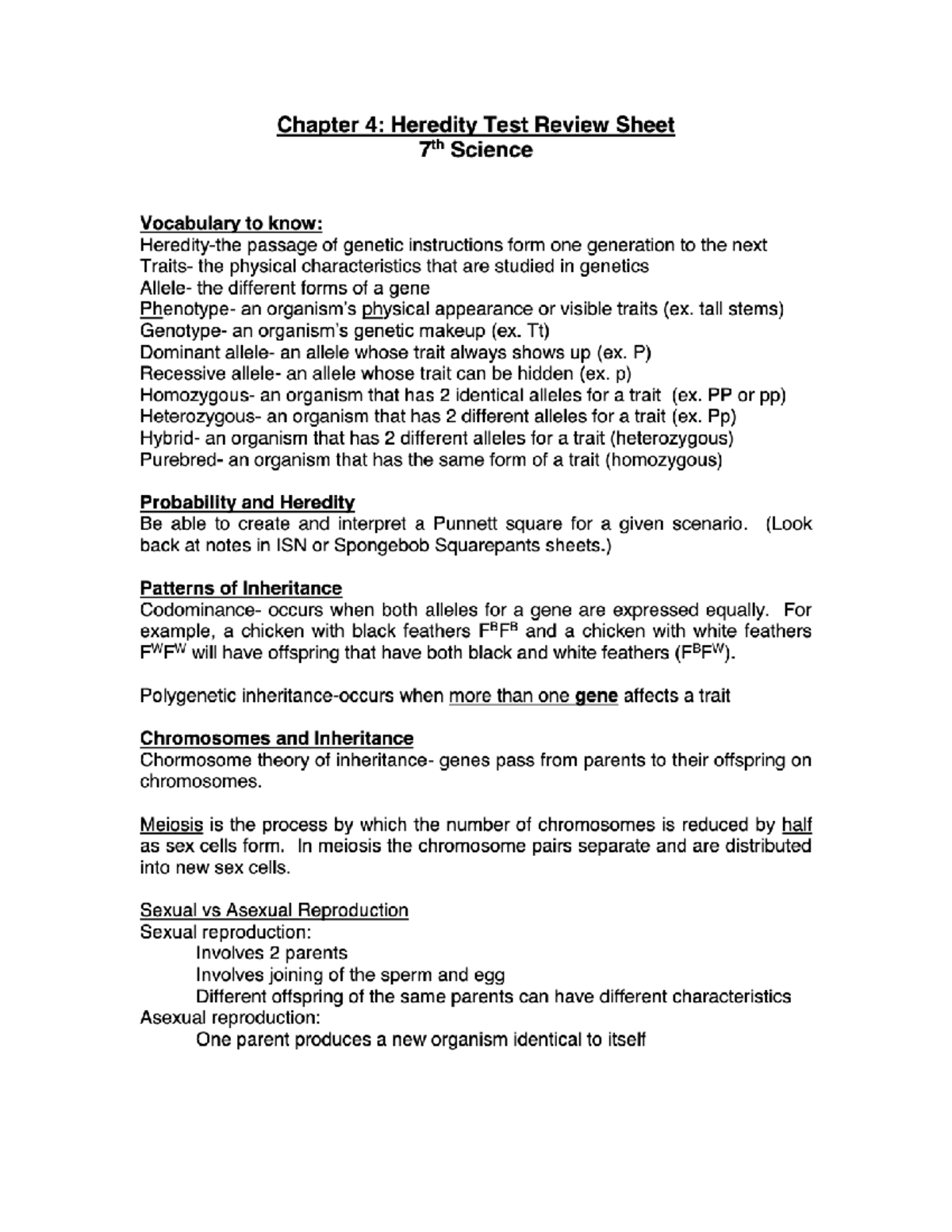 Chapter 4 Heredity Test Review Sheet 7 th Science - Chapter 4: Heredity ...