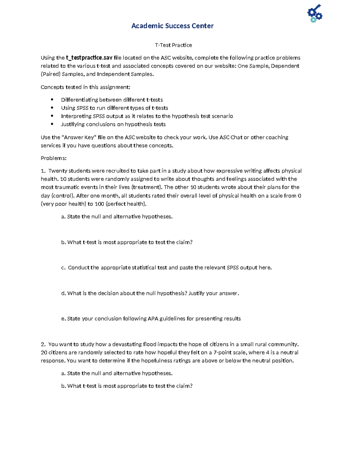T test Practice Problems - Academic Success Center T-Test Practice ...