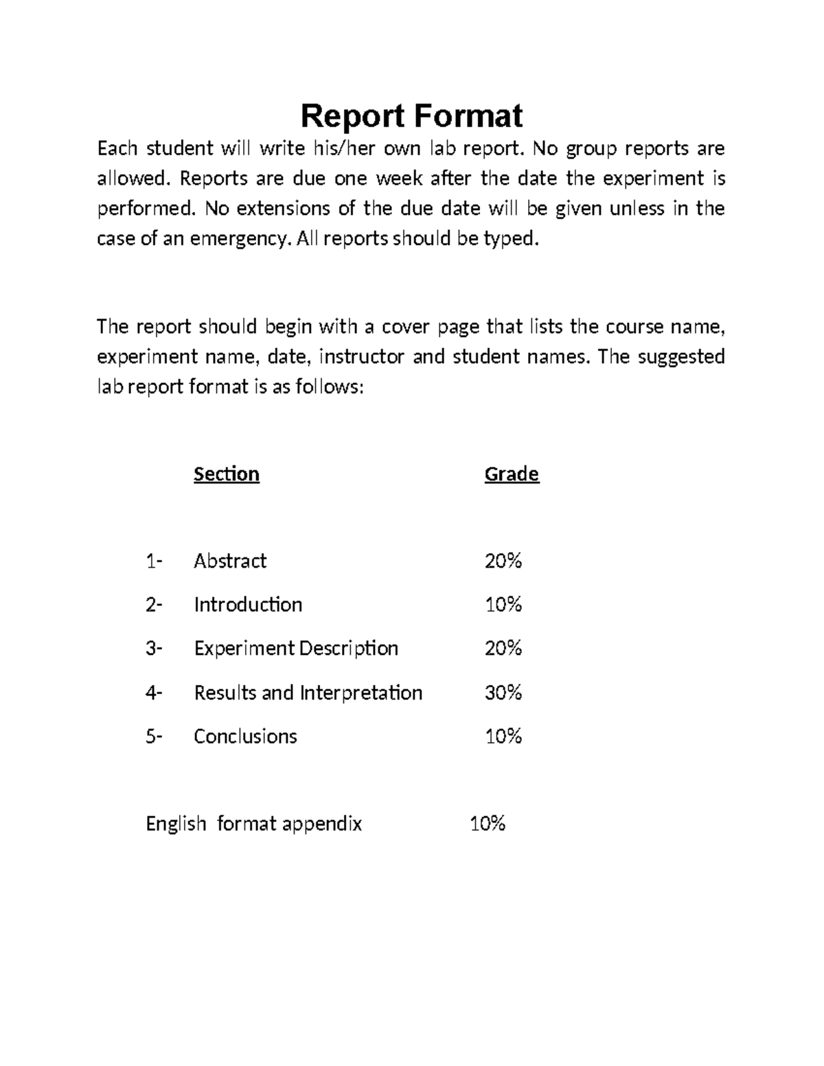 Report Format - Report Format Each student will write his/her own lab ...