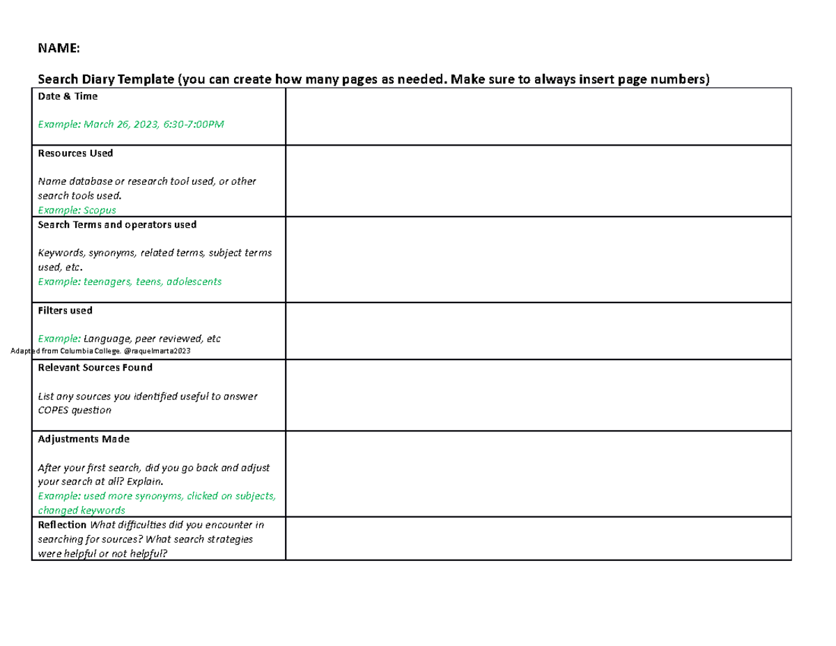 4. Search Diary - KSAHC - NAME: Search Diary Template (you can create ...