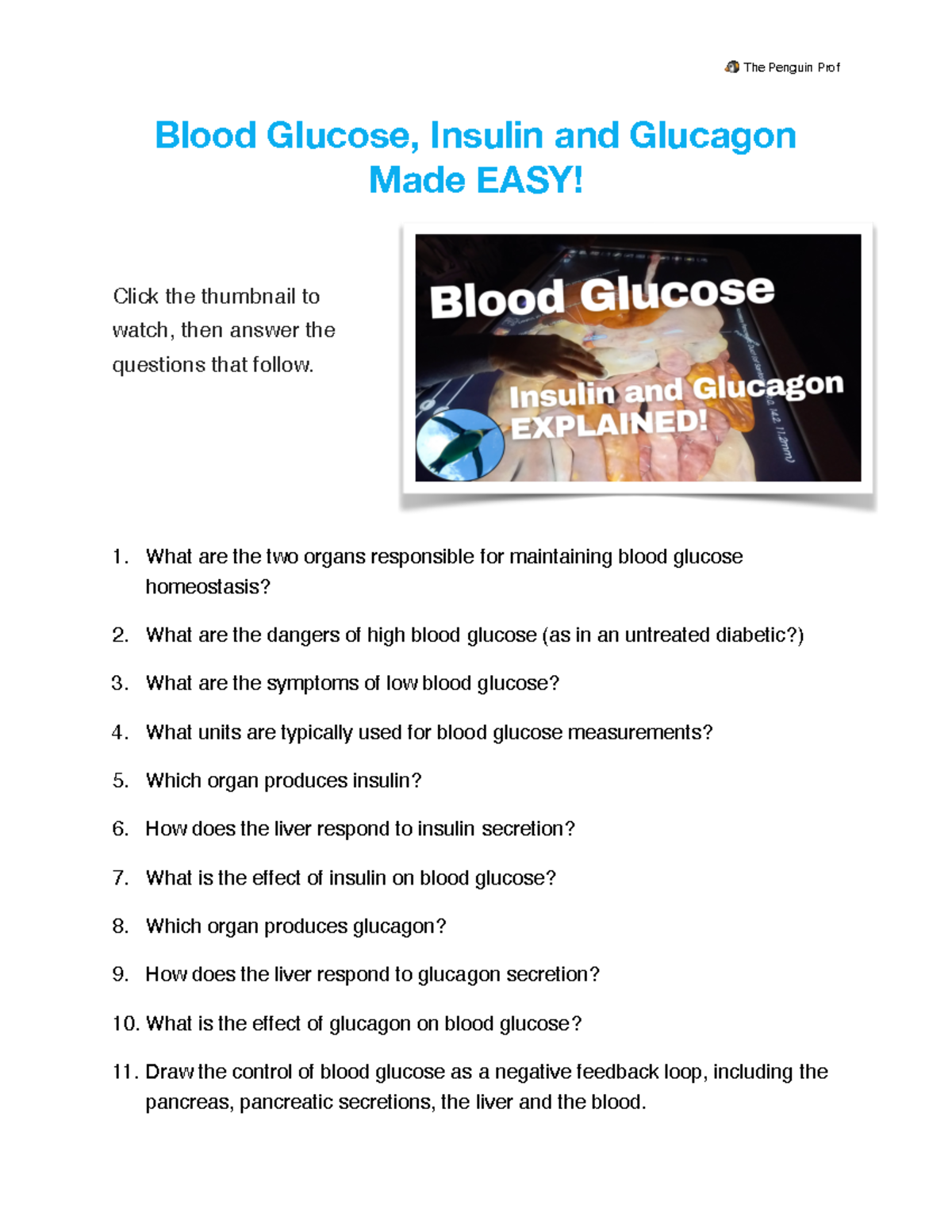 Blood Glucose Insulinand Glucagon Made Easyvideo Worksheet-1 - 🐧 The ...