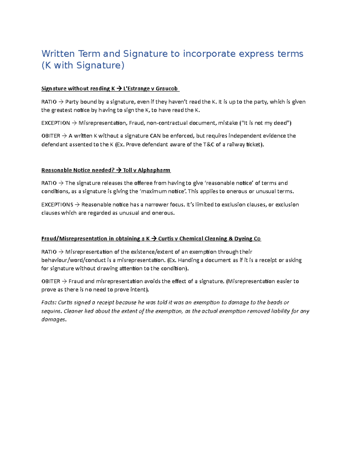 Contracts Final Notes Incomplete - Written Term and Signature to ...