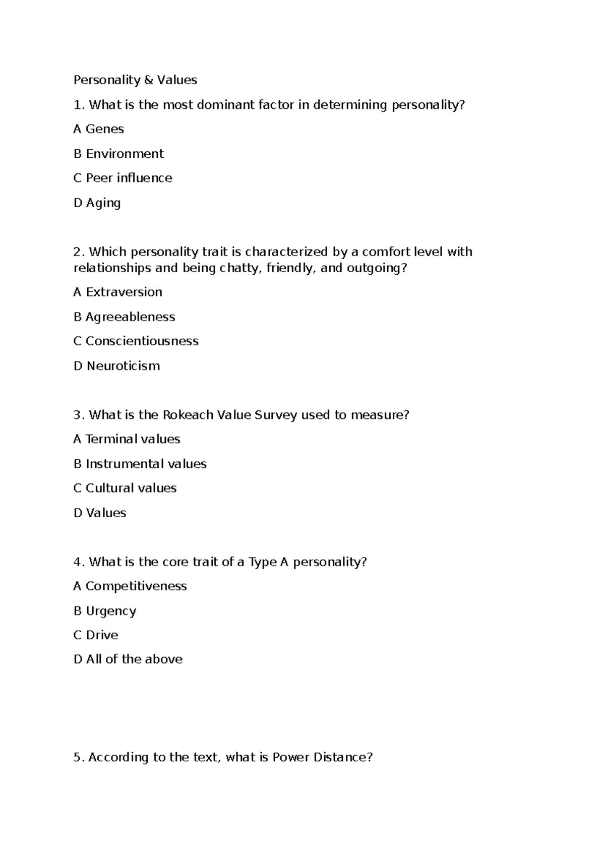 EZZV341 MCQ (Personality and values) - Personality & Values What is the ...