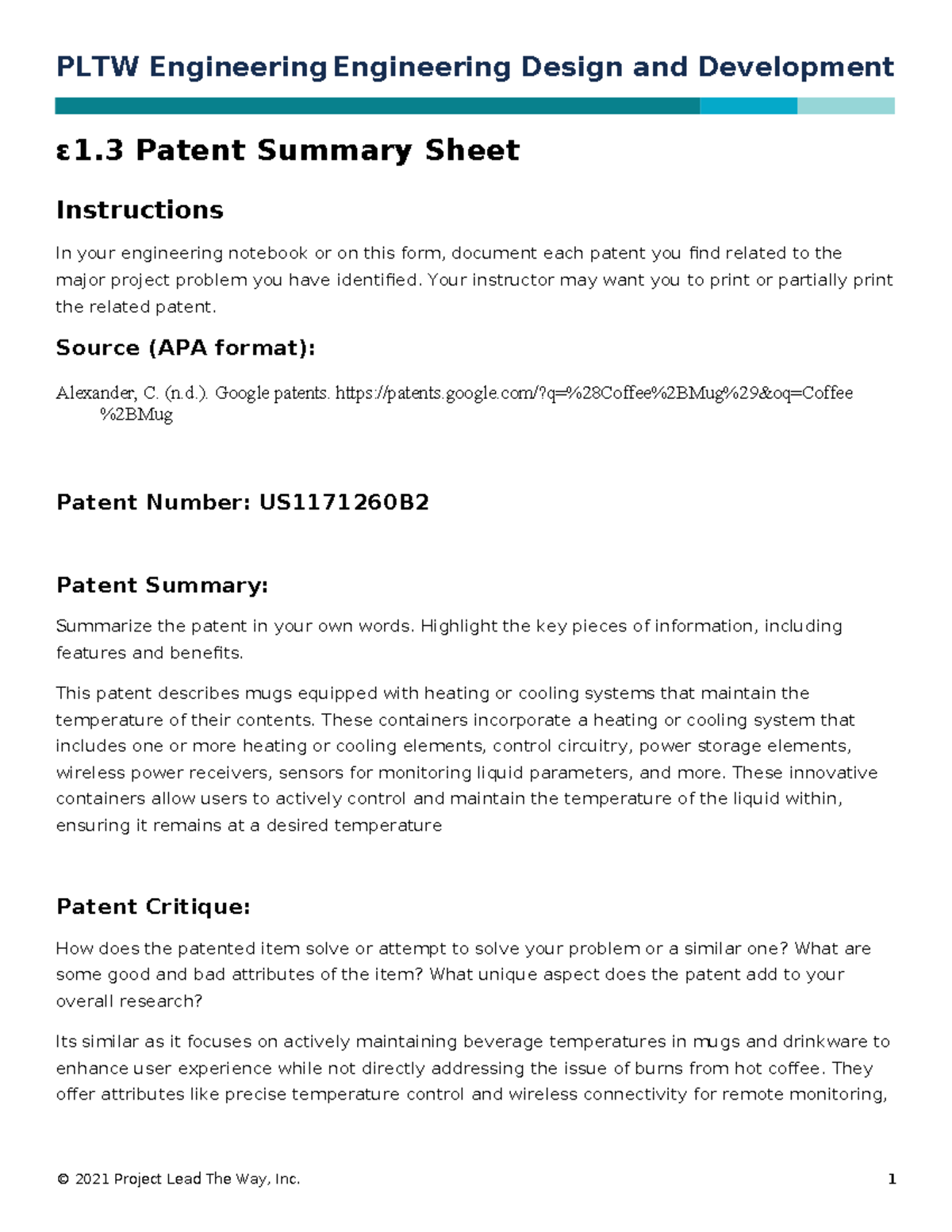 Patent Example PLTW - PLTW Engineering Engineering Design and ...