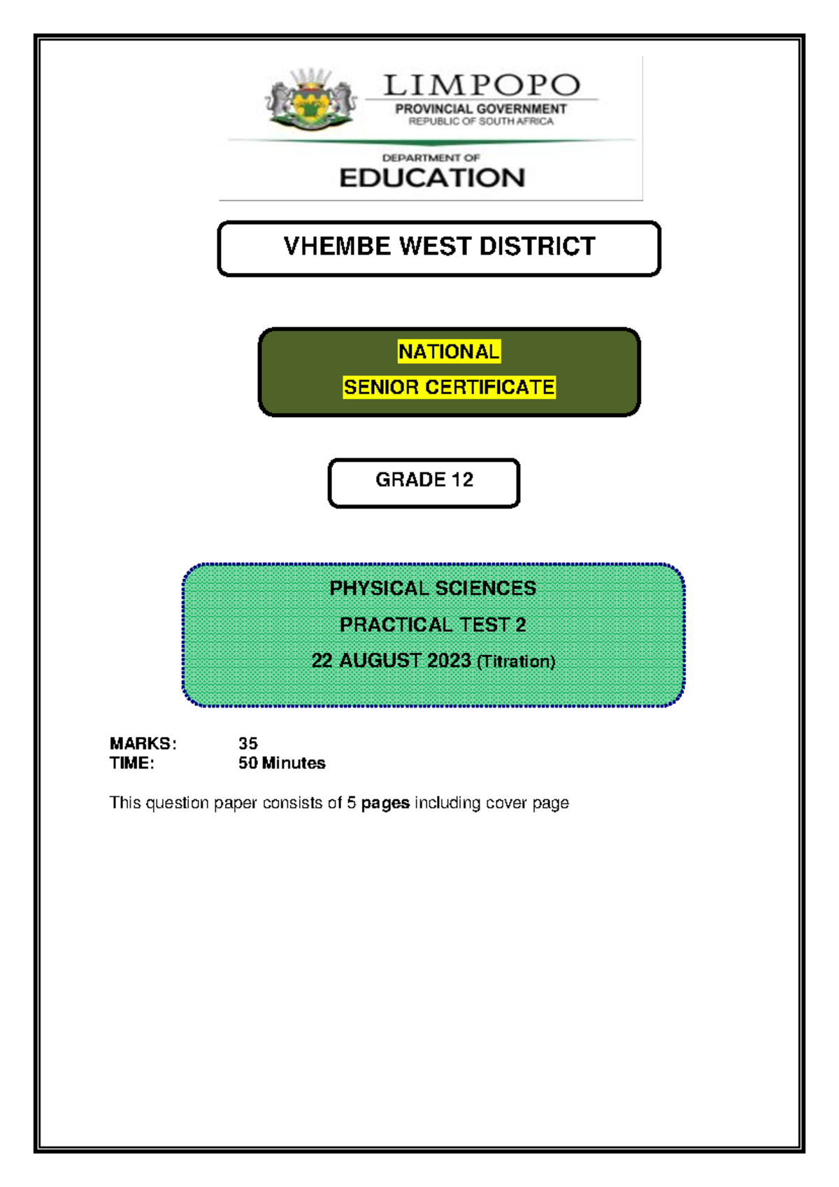 2023 PHSC Titration QP - Helping - MARKS: 35 TIME: 50 Minutes This ...