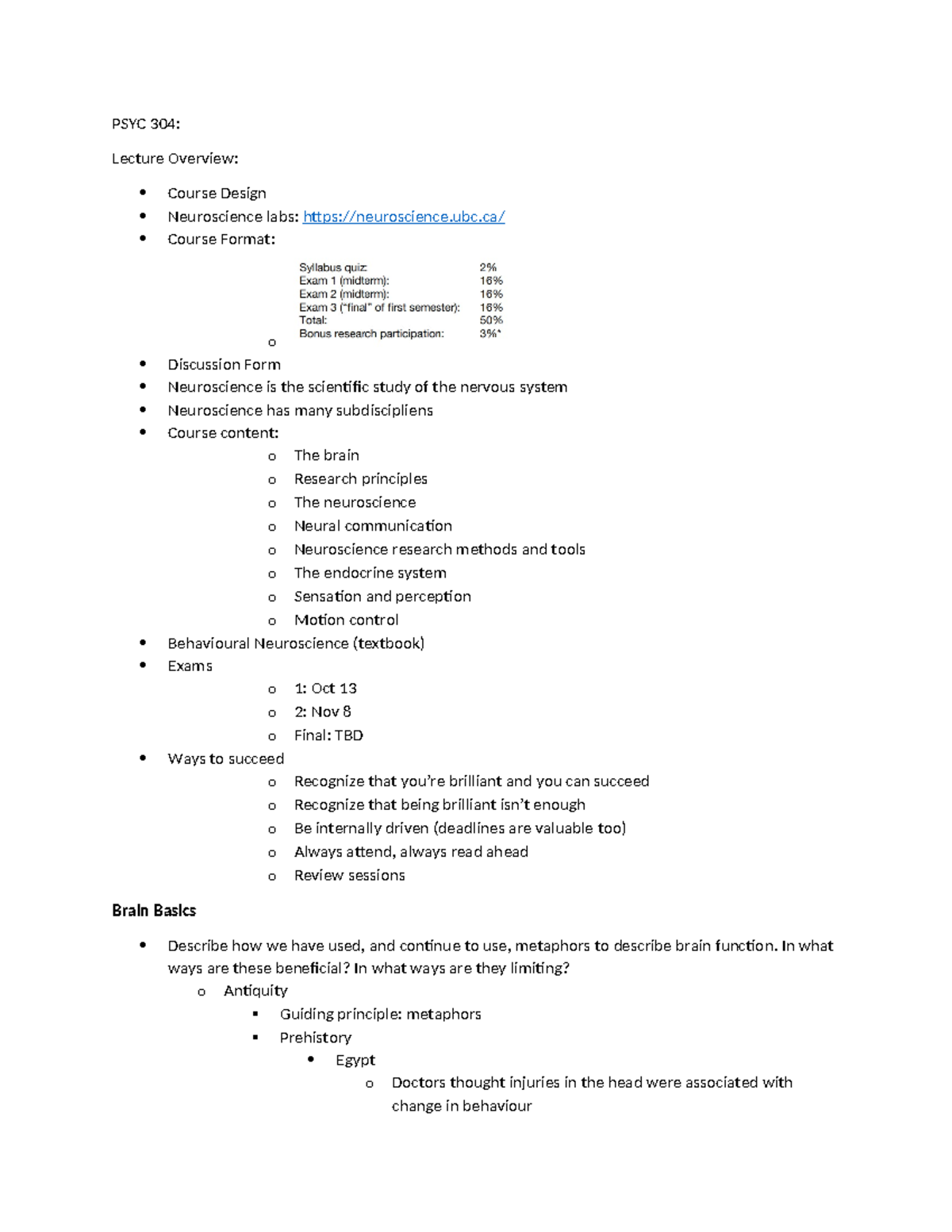 PSYC 304 - PSYC 304 Term 1 - PSYC 304: Lecture Overview: Course Design Neuroscience labs: - Studocu