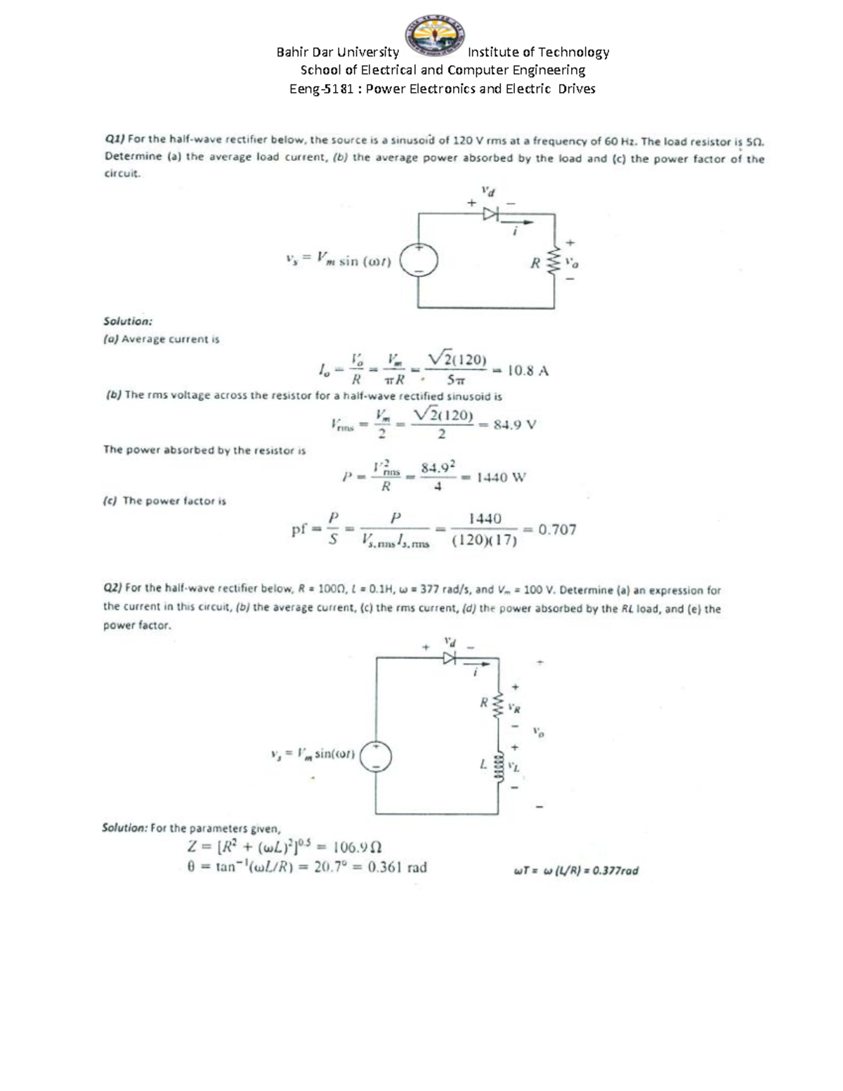 Total Problems - This power electronics question with answer for final exam preparation - School ...