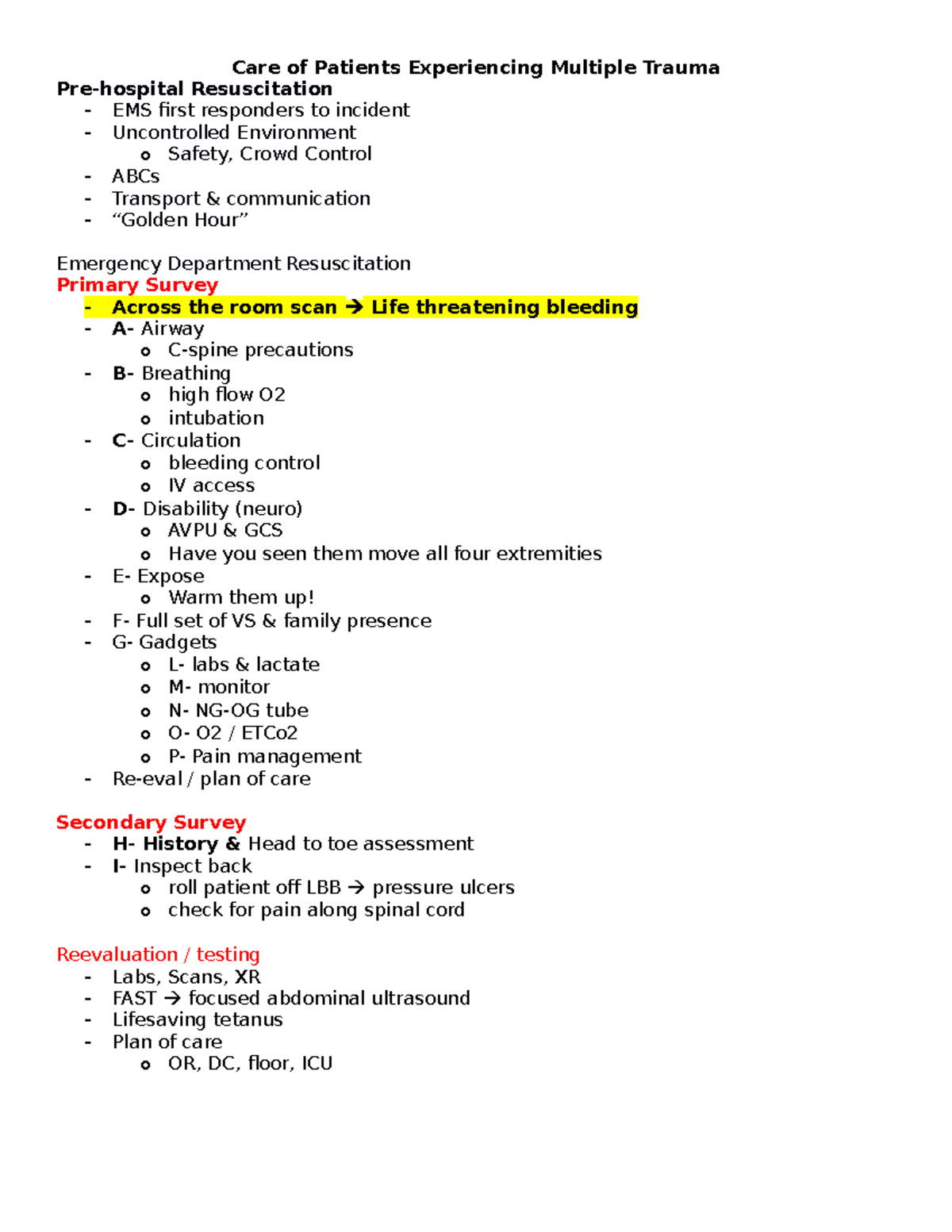 Trauma lecture notes - Pre-hospital Resuscitation - EMS first ...
