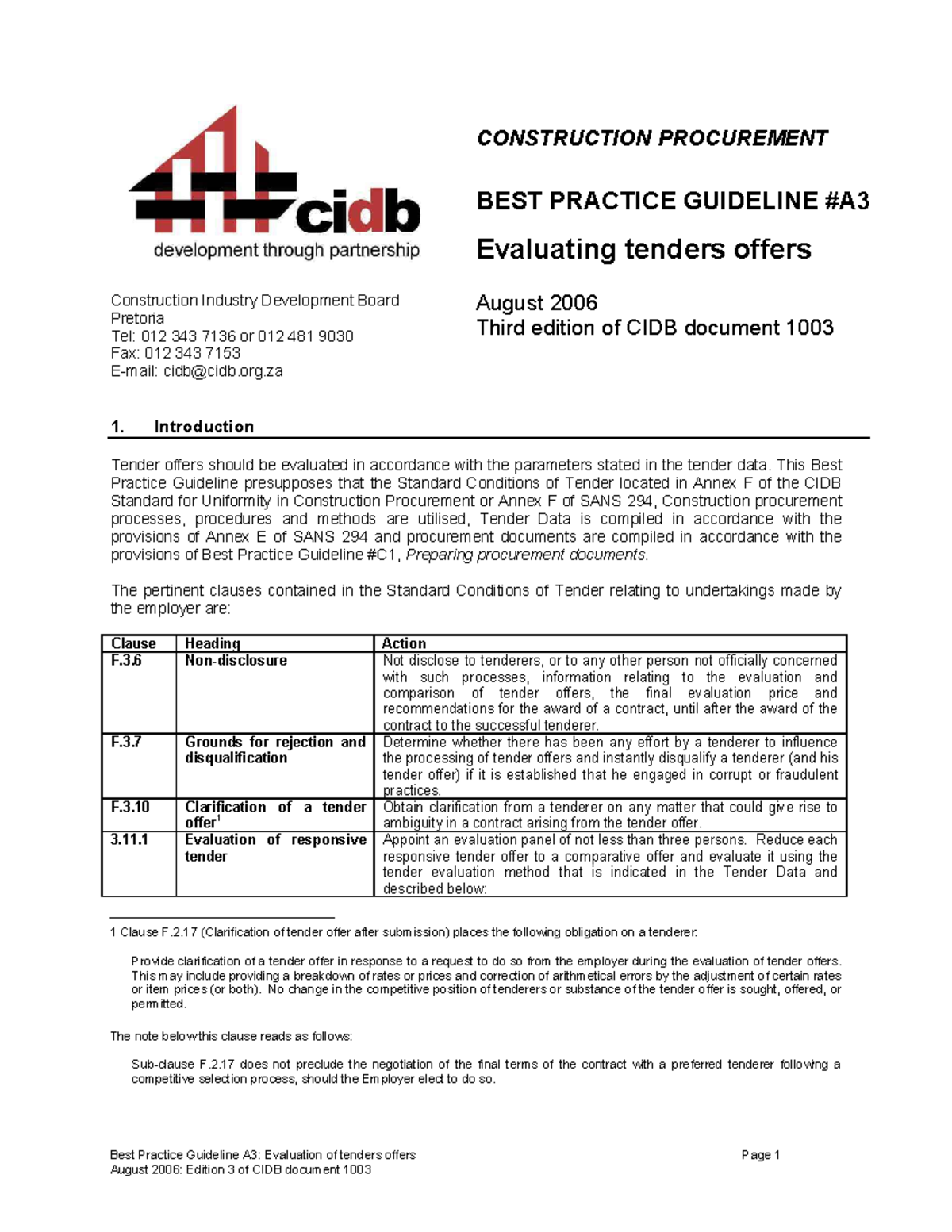 DP2-S32 CIDB BPG A3 - Evaluating tender offers Edition 3 - Best Practice Guideline A3 ...