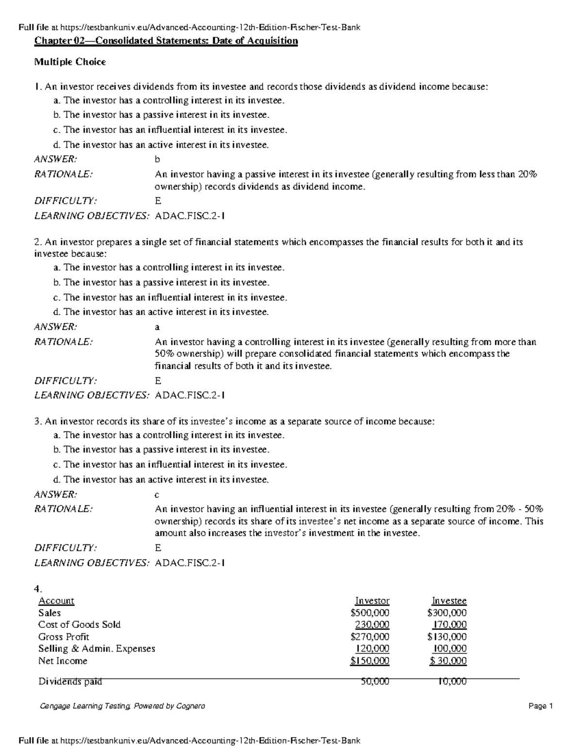 Test Bank 2-3 - AAAAAAAAAAAA - Chapter 02—Consolidated Statements: Date ...
