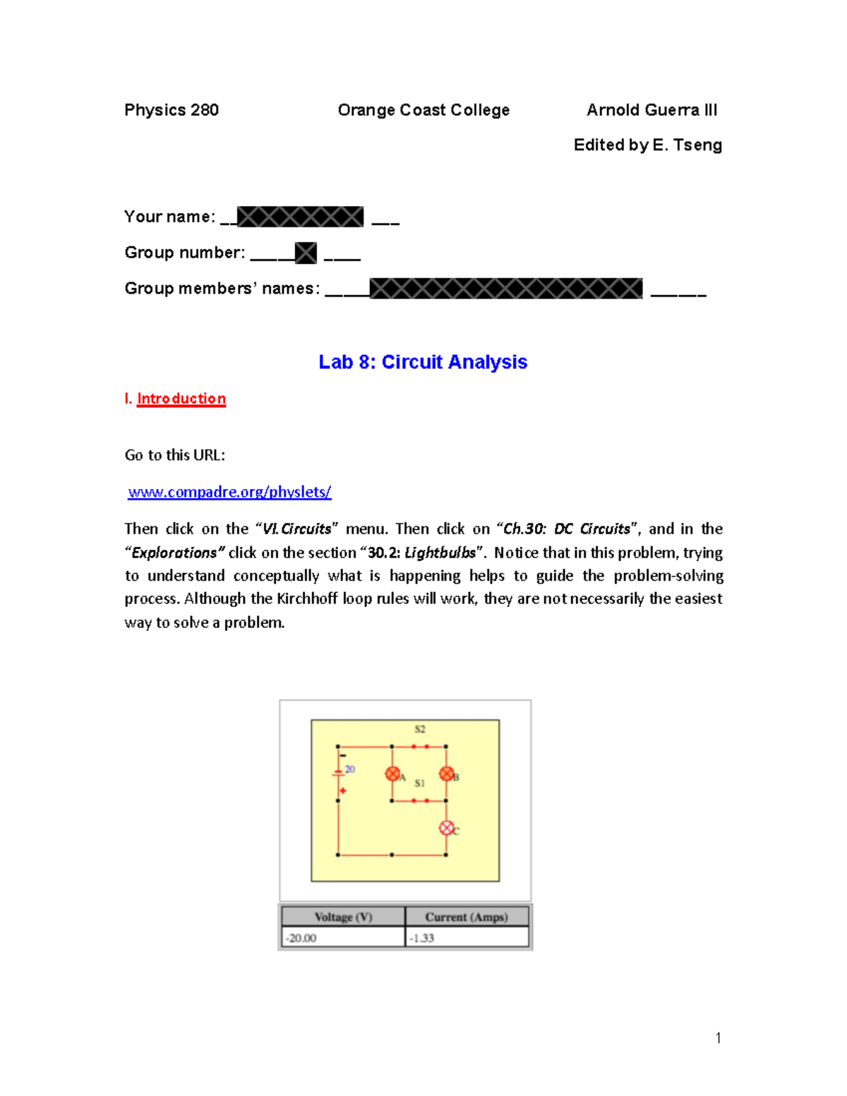 Virtual Lab 08 - Circuit Analysis ETpdf - Physics 280 Orange Coast ...