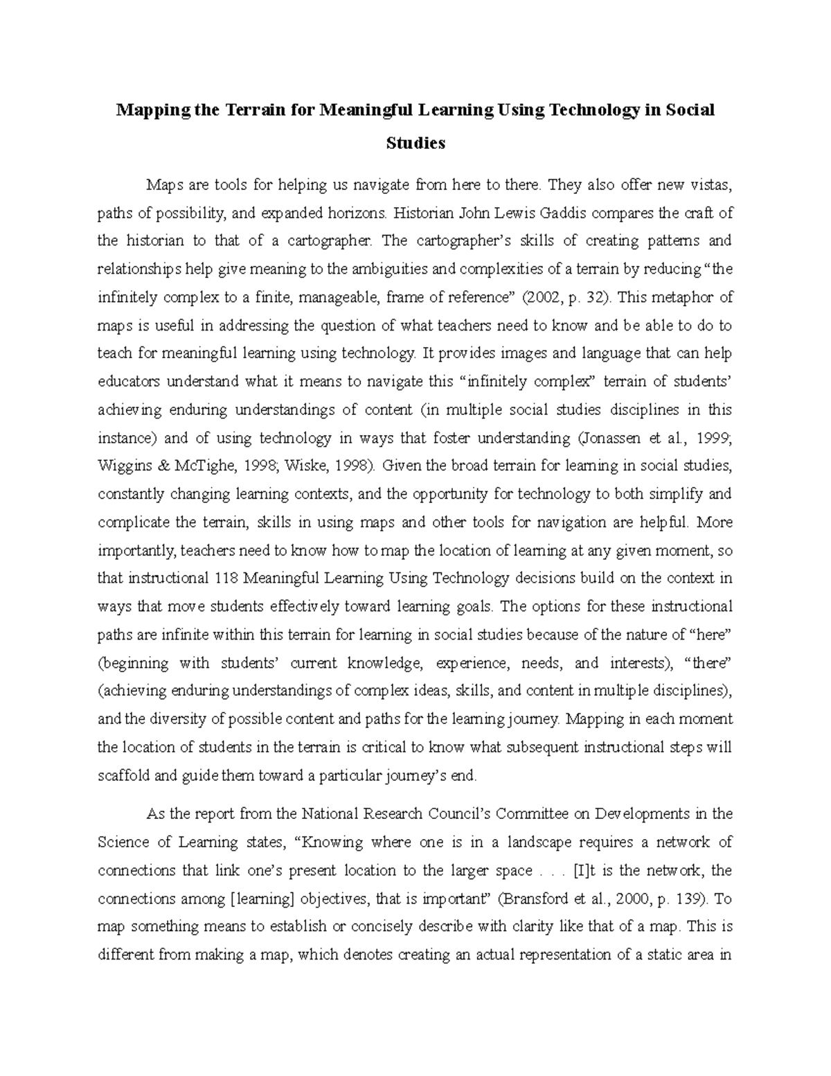 Mapping the Terrain for Meaningful Learning Using Technology in Social ...