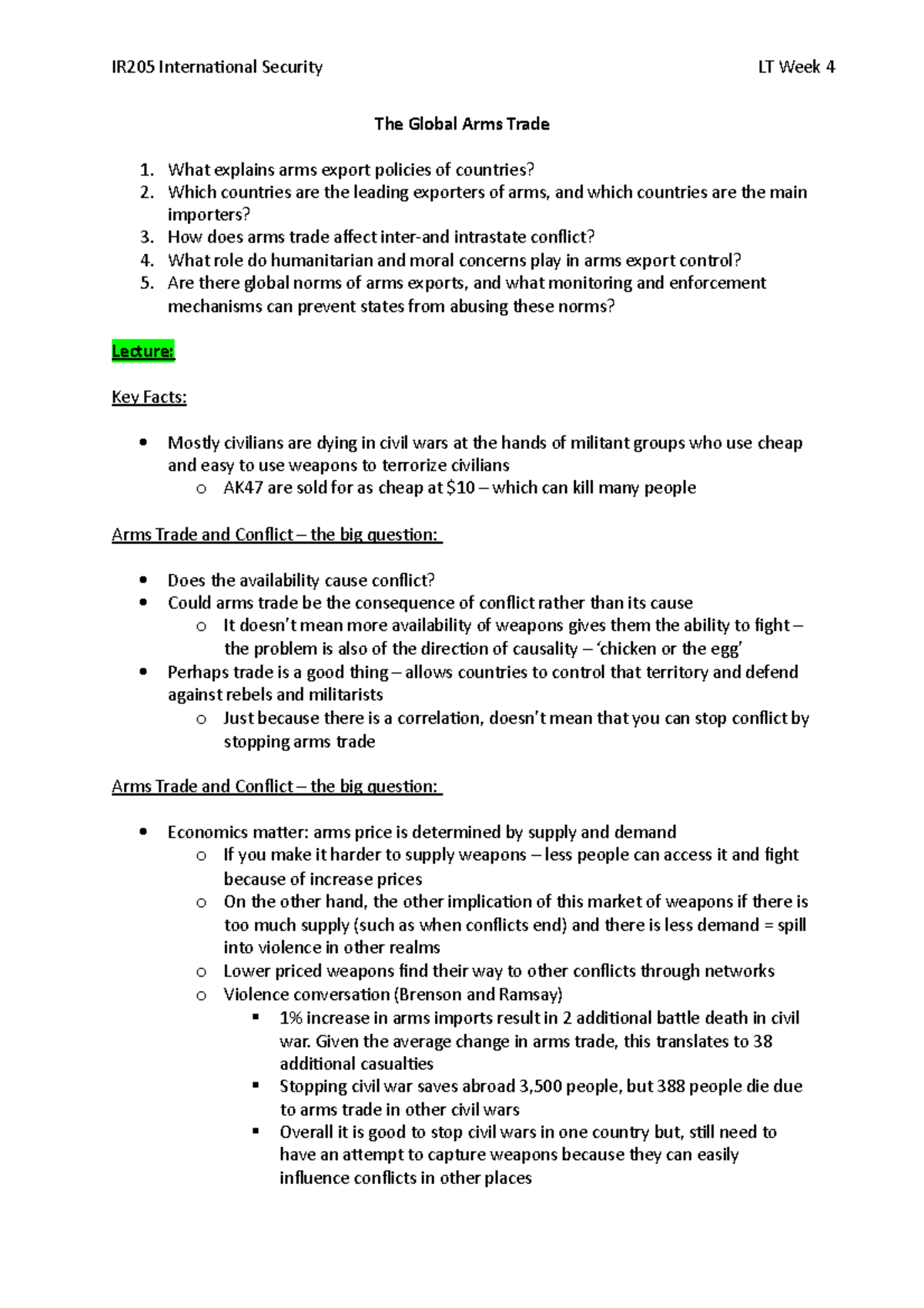 LT W4 - The Global Arms Trade - lecture, reading and class notes - The ...