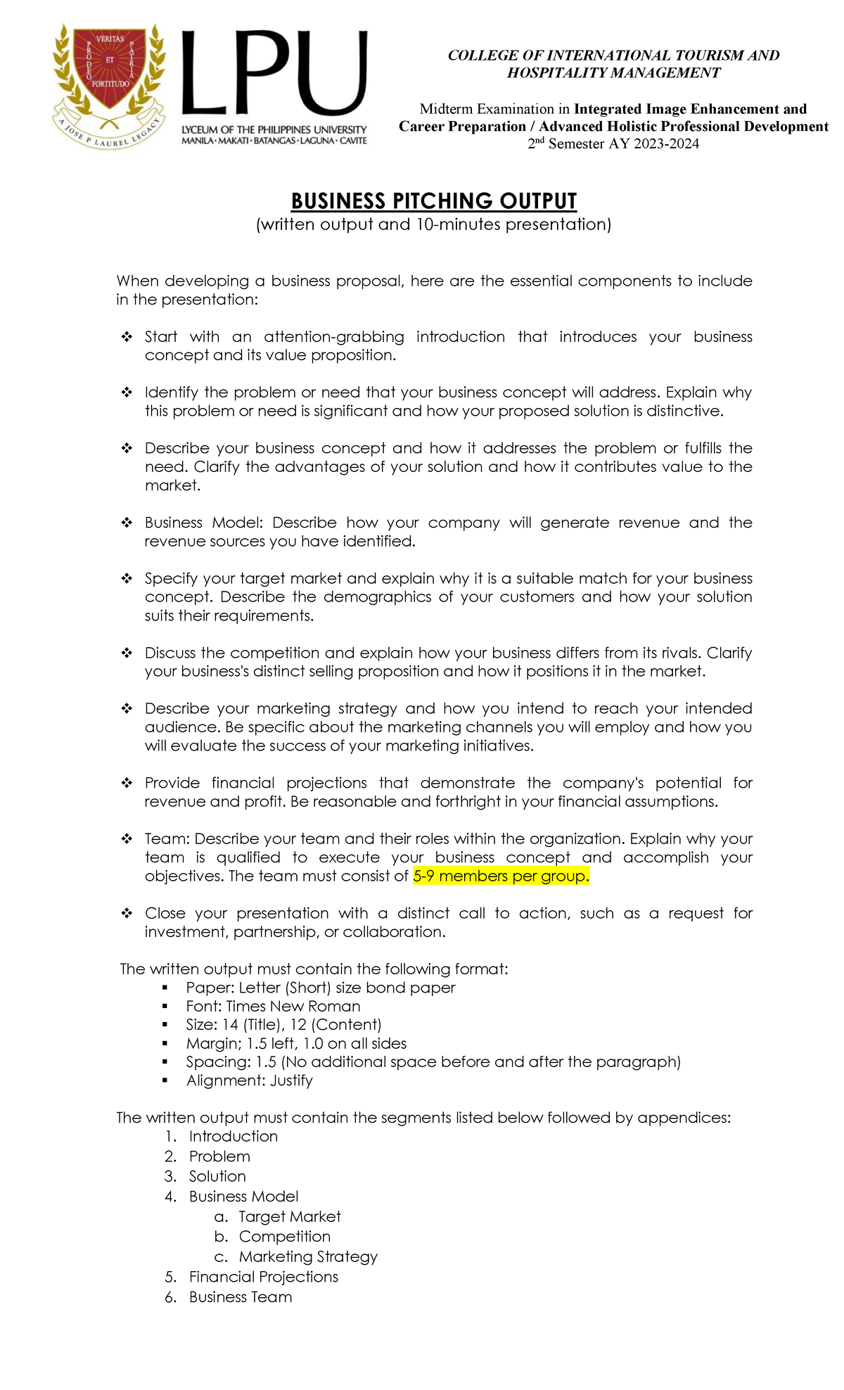 Business Pitch Rubrics - COLLEGE OF INTERNATIONAL TOURISM AND ...