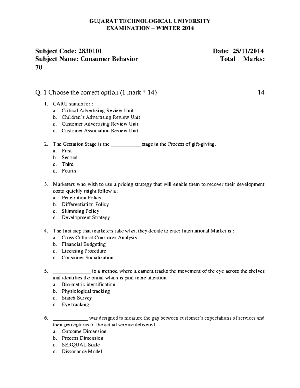 CB - Sample Paper 1 - Consumer Behavior - GUJARAT TECHNOLOGICAL ...