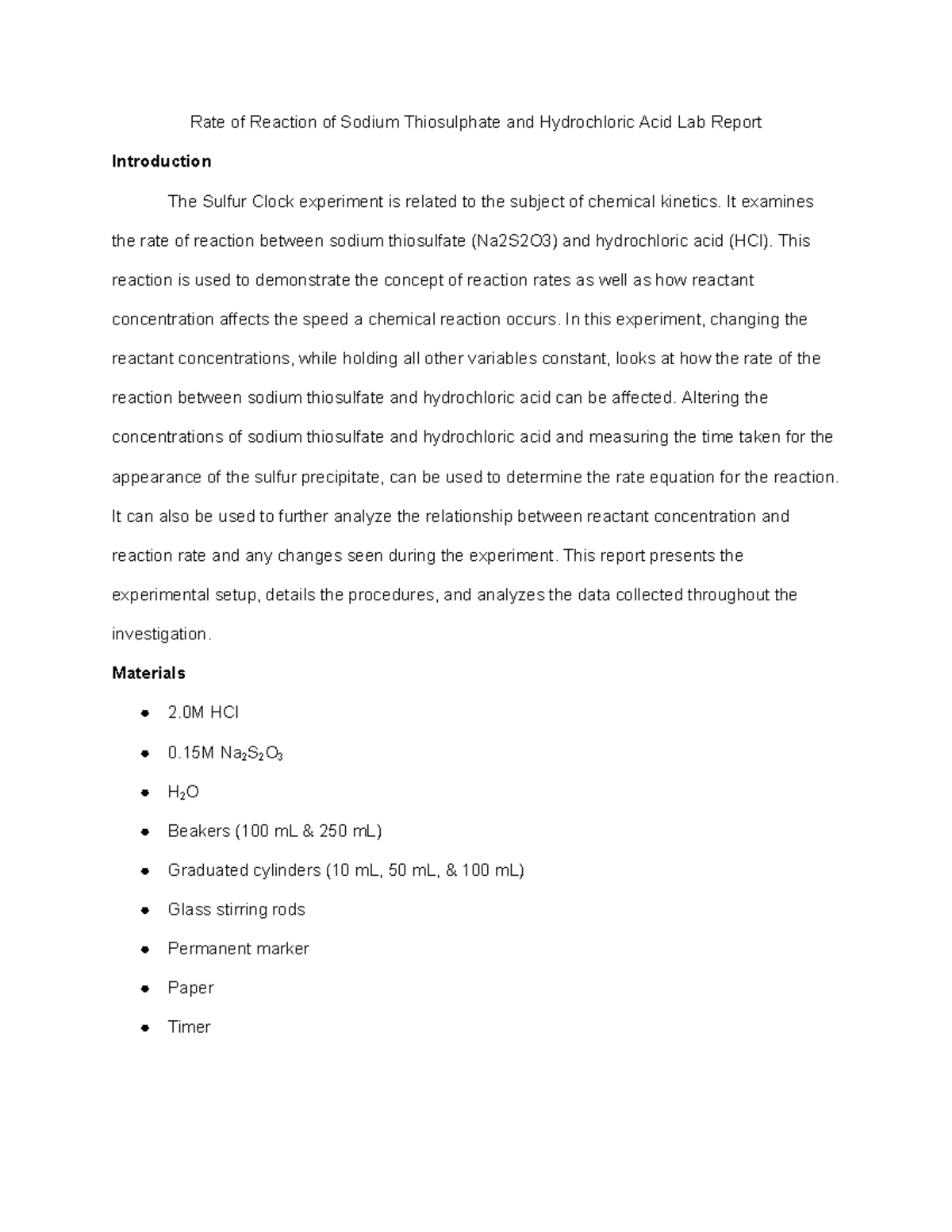 Sulfur Clock Lab Report - Rate of Reaction of Sodium Thiosulphate and ...