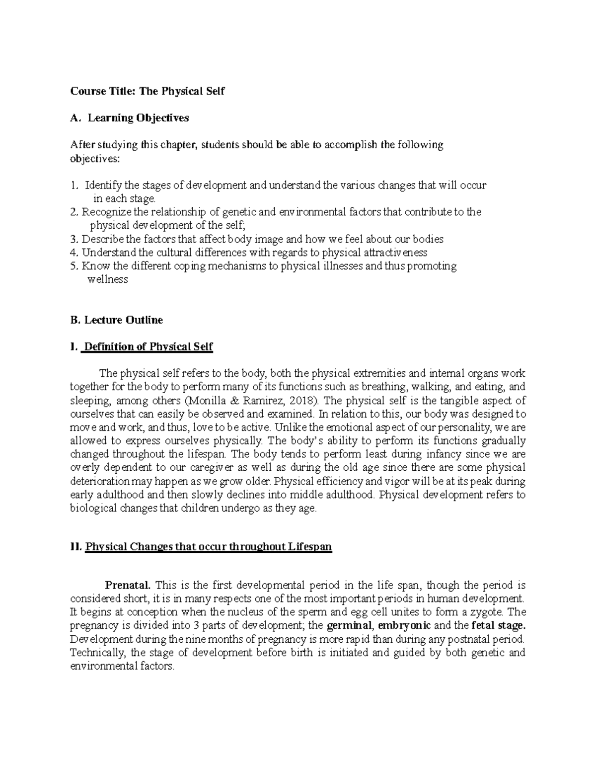 Physical SELF - Course Title: The Physical Self A. Learning Objectives ...