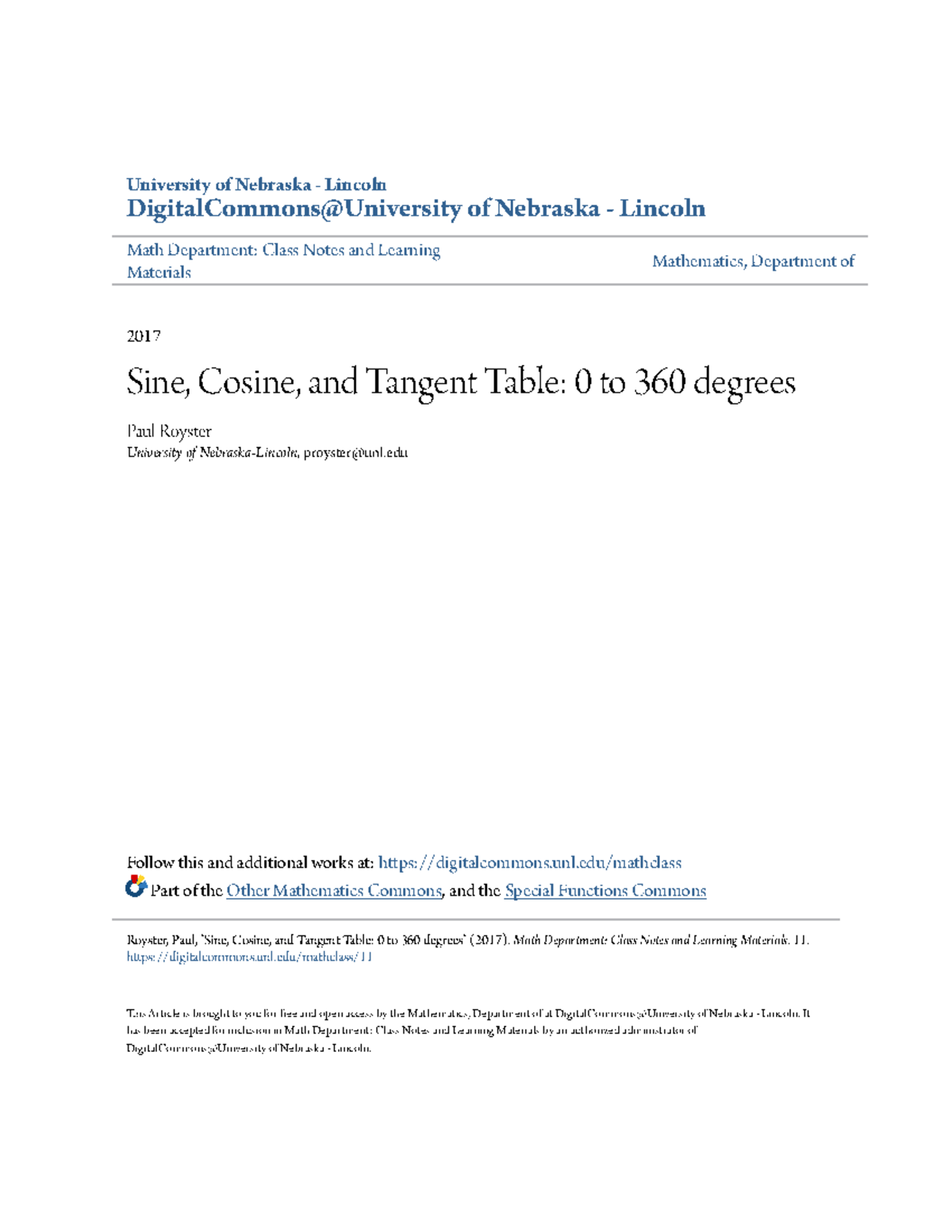 Sine Cosine and Tangent Table 0 to 360 degrees - University of Nebraska ...