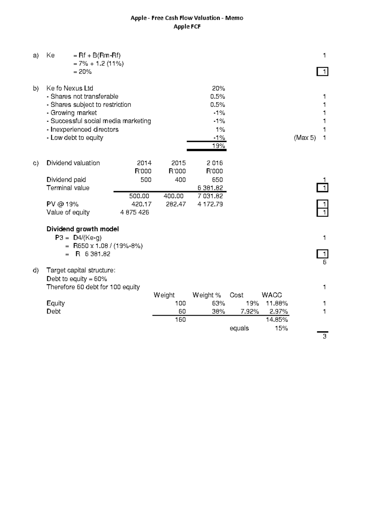 Apple - Free Cash Flow Valuation - Memo - PV @ 19% 420 282 4 172 1 ...