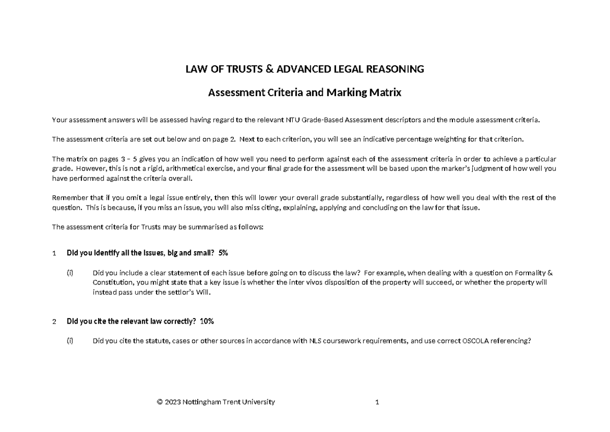 Marking Matrix - LAW OF TRUSTS & ADVANCED LEGAL REASONING Assessment ...