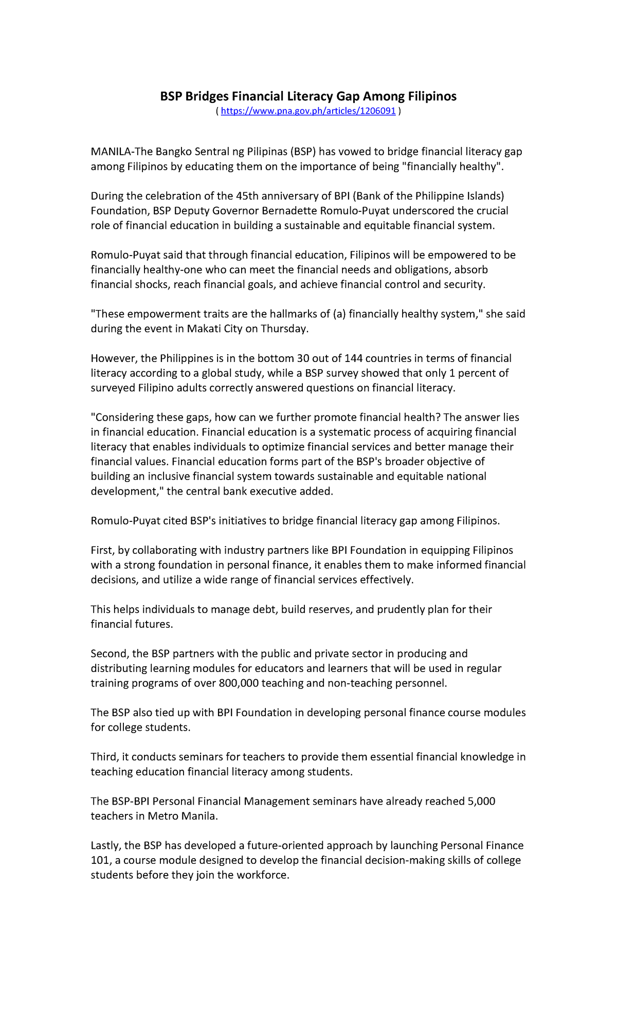 Article week8 CPfriday - BSP Bridges Financial Literacy Gap Among ...