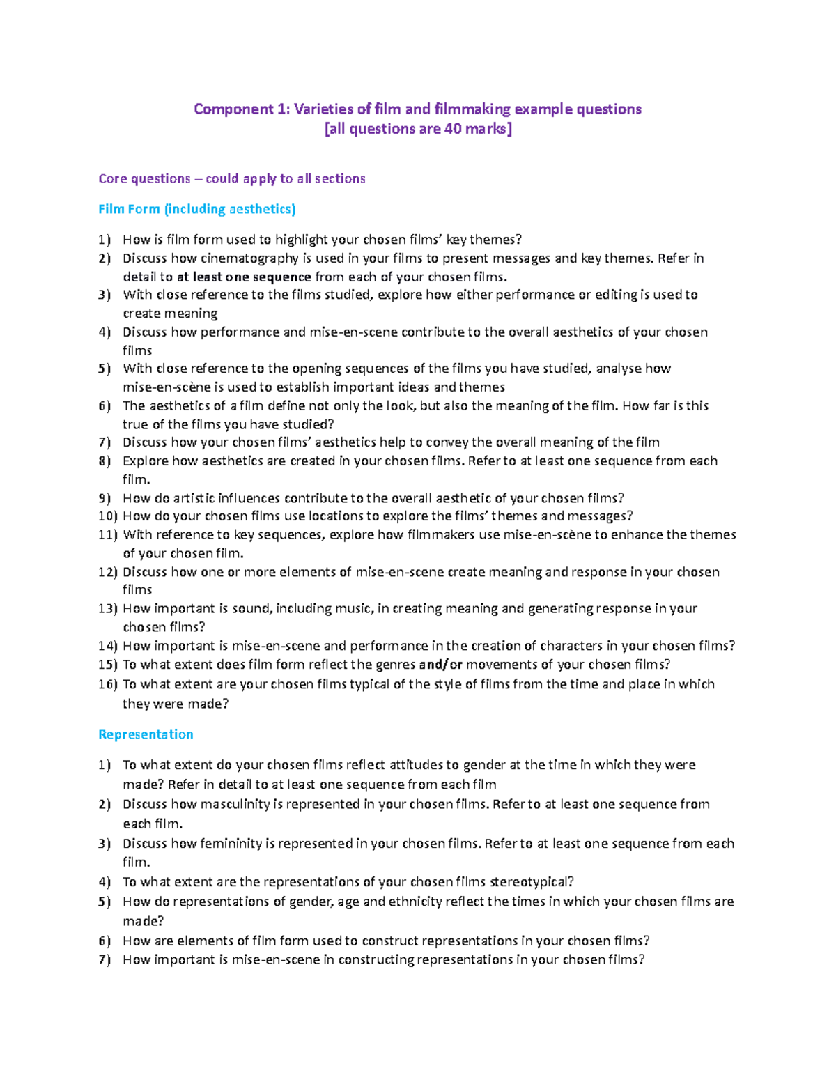 Film Component 1 example questions - Component 1: Varieties of film and ...