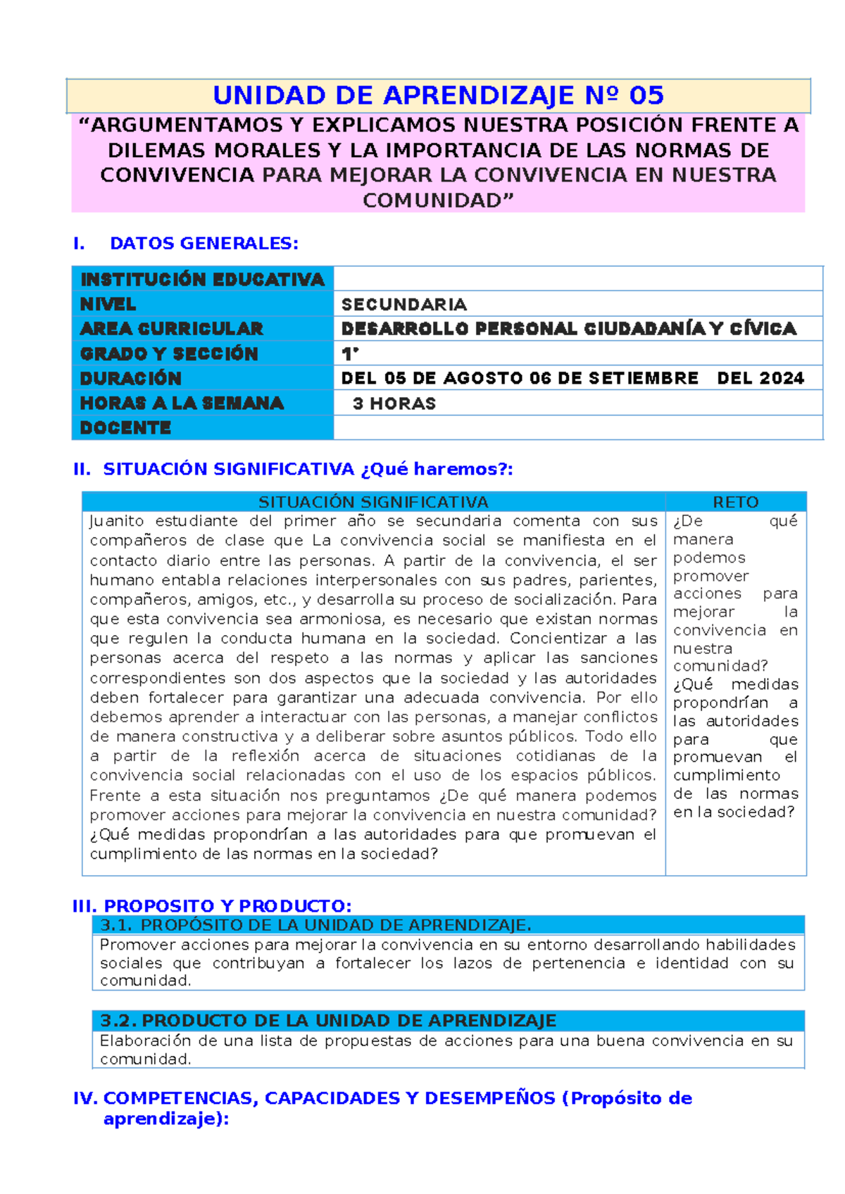 Unidad 5 DPCC 1° 2024. - nop - UNIDAD DE APRENDIZAJE Nº 05 “ARGUMENTAMOS Y EXPLICAMOS NUESTRA ...
