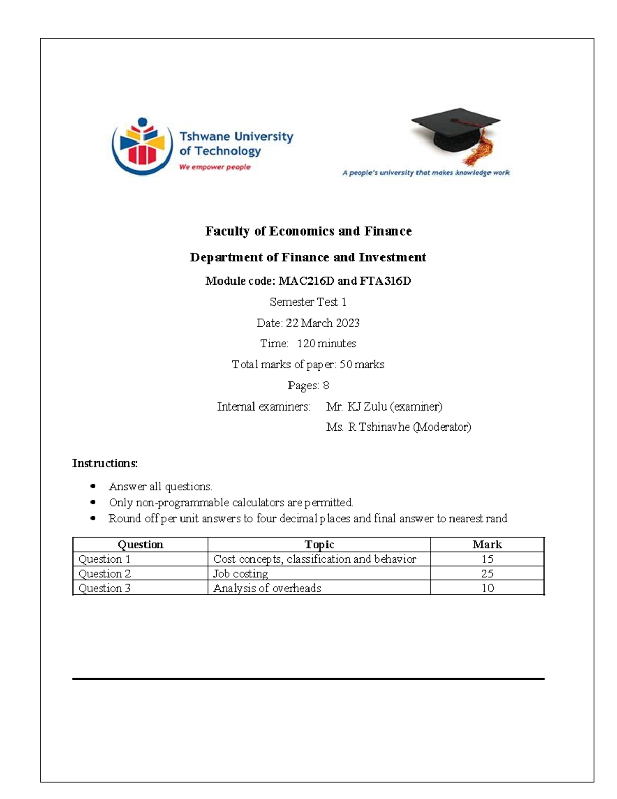 MAC & FTA SEM-TEST1 2023 - Faculty of Economics and Finance Department ...