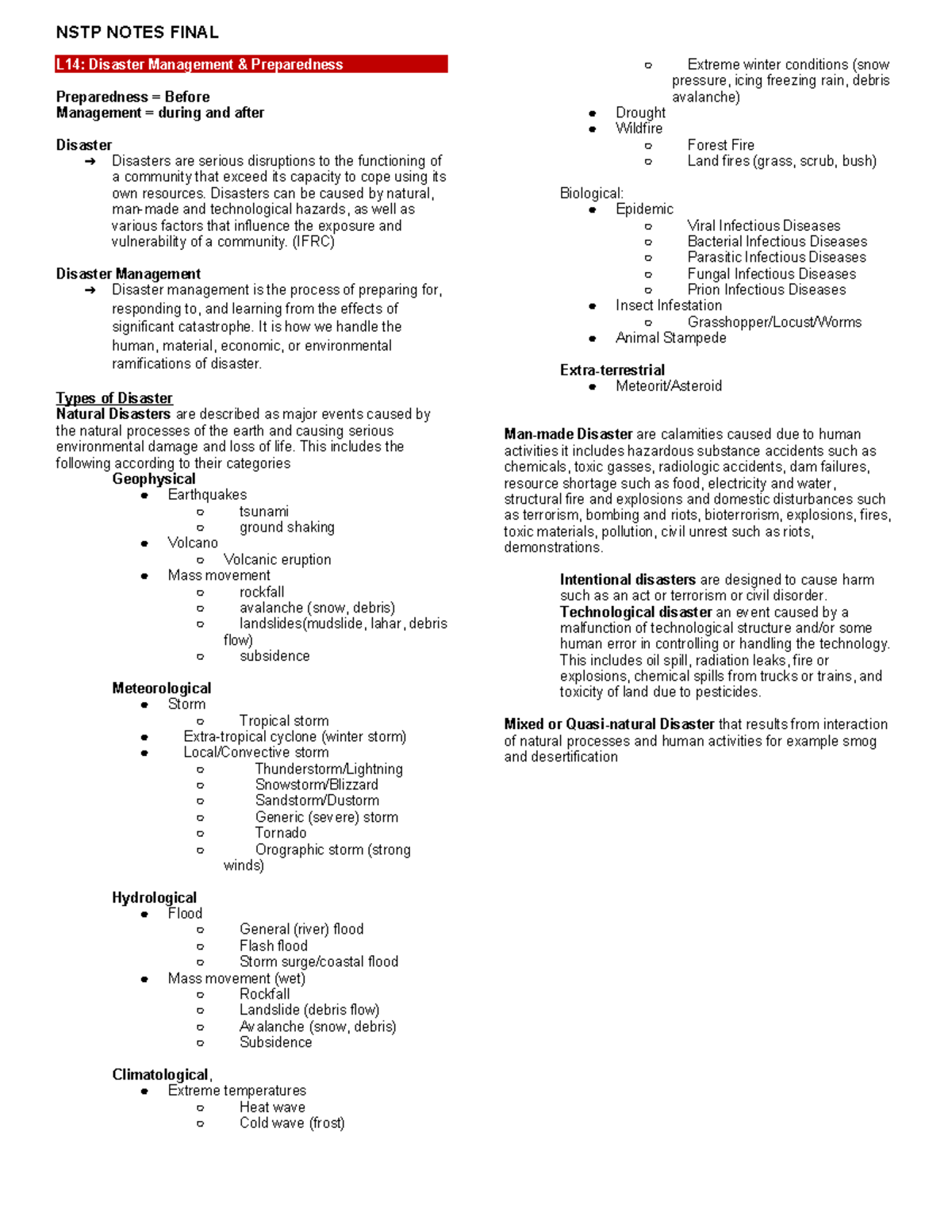 NSTP Notes Final - NSTP NOTES FINAL L14: Disaster Management ...
