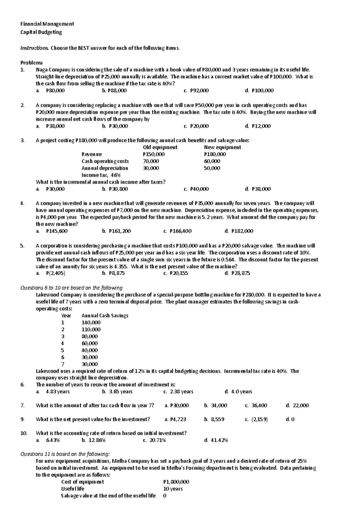 Exercises Finma-capital-budgeting - Financial Management Capital ...