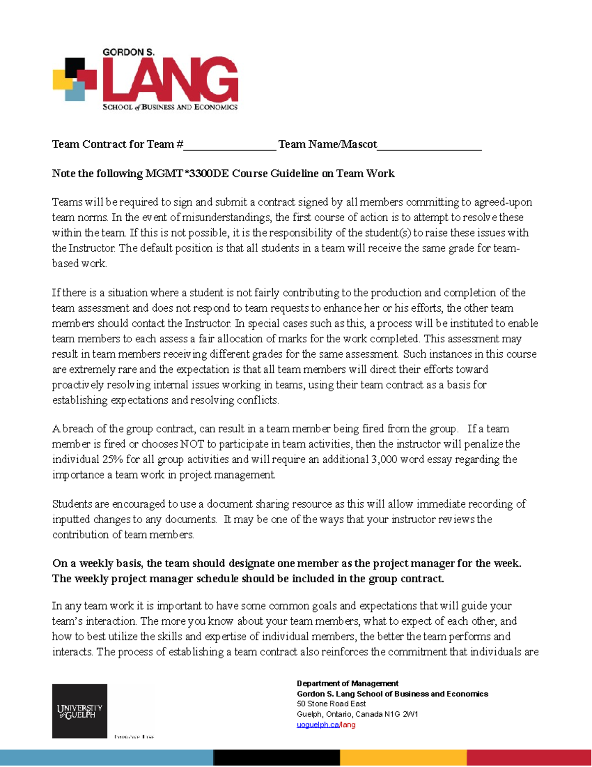 Group Contract Instructions and Example Group Contract 3300DE - Team Contract for Team - Studocu