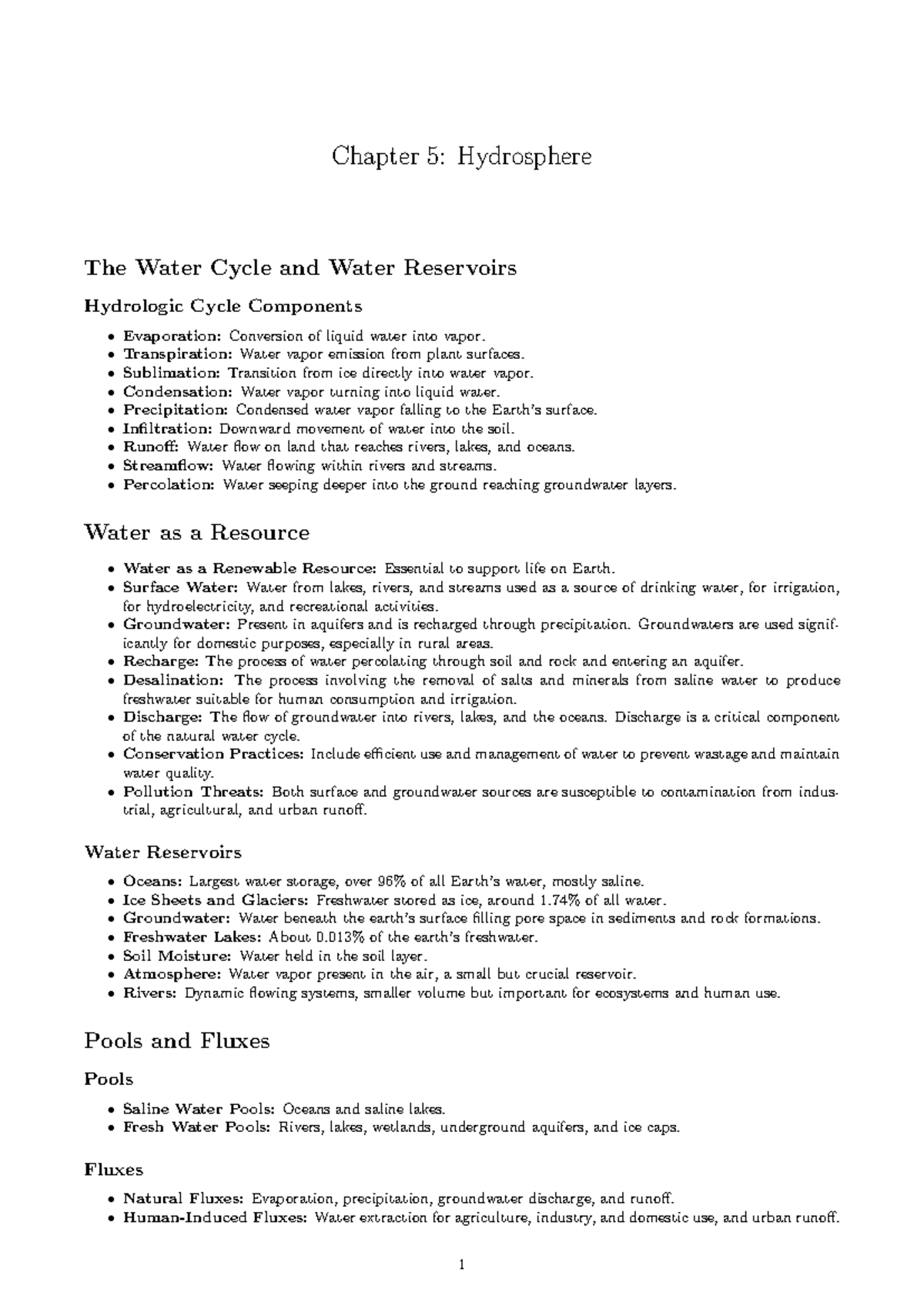 Terms - notes - Chapter 5: Hydrosphere The Water Cycle and Water ...