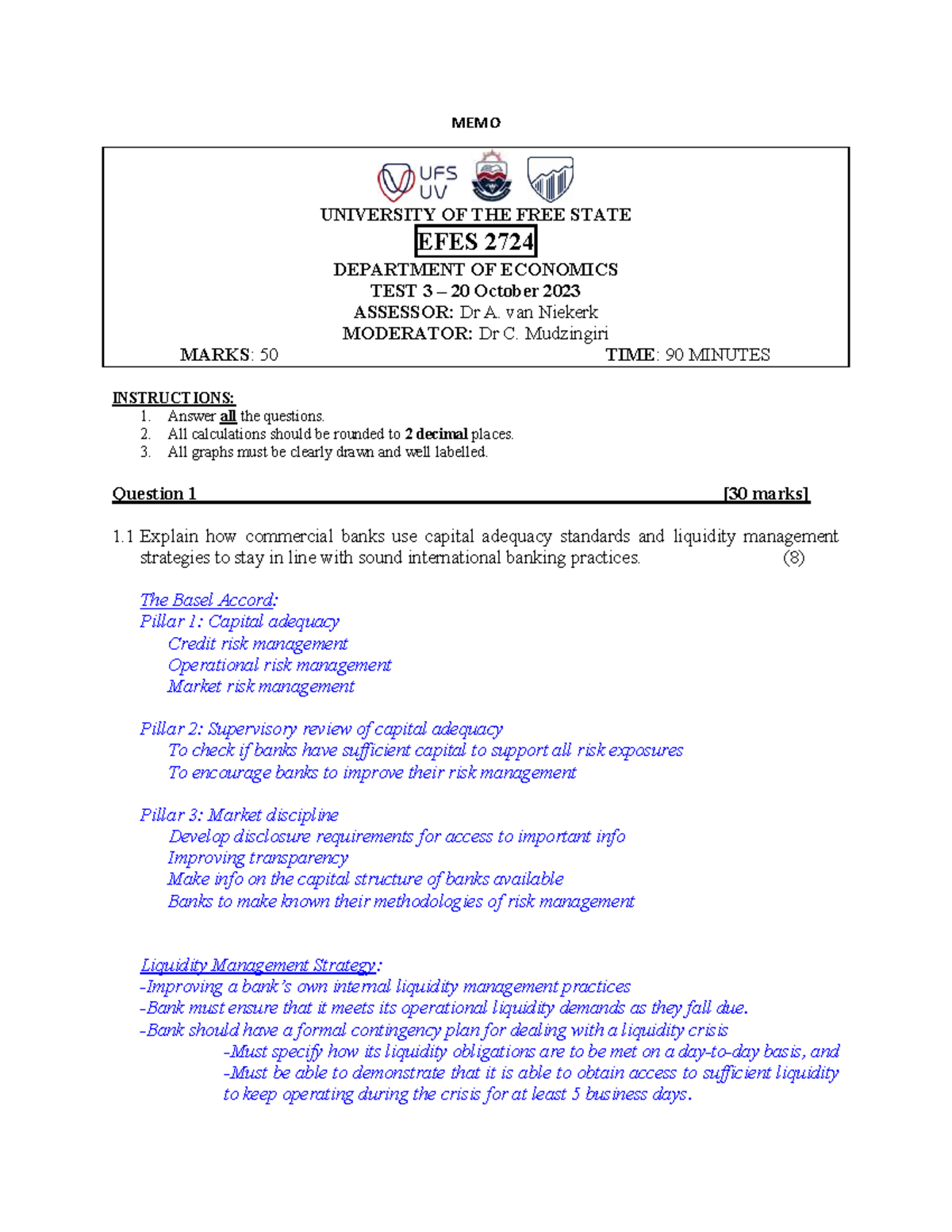 EFES2724 T3 2023 Memo - MEMO - MEMO UNIVERSITY OF THE FREE STATE EFES ...