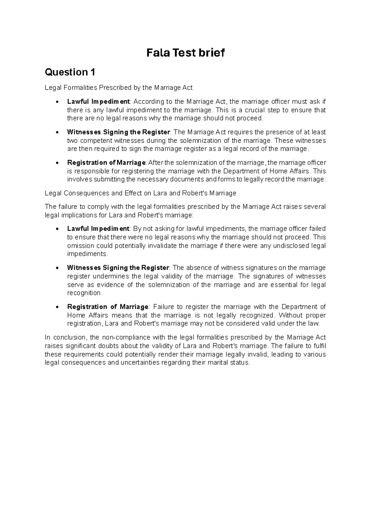 Fa La seen test brief 2 - Fala Test brief Question 1 Legal Formalities ...